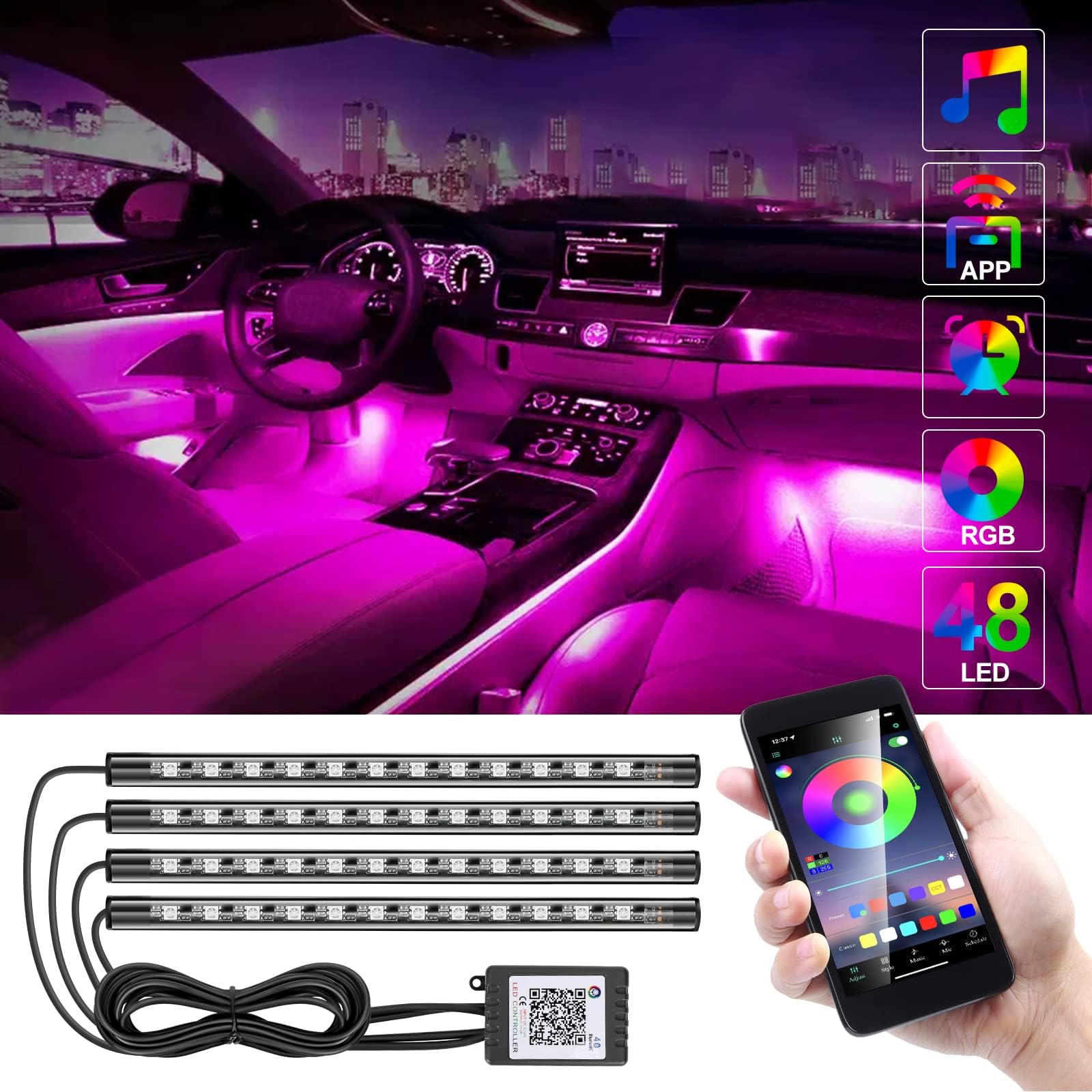 Car LED Lights Interior, [APP Control] Hogrzinne 48 LED Smart Interior ...