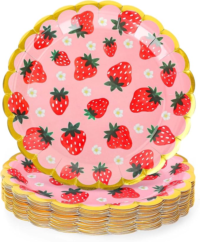 Amazon.com: 40Pcs Strawberry Pink Paper Plates Gold Foil Scalloped ...
