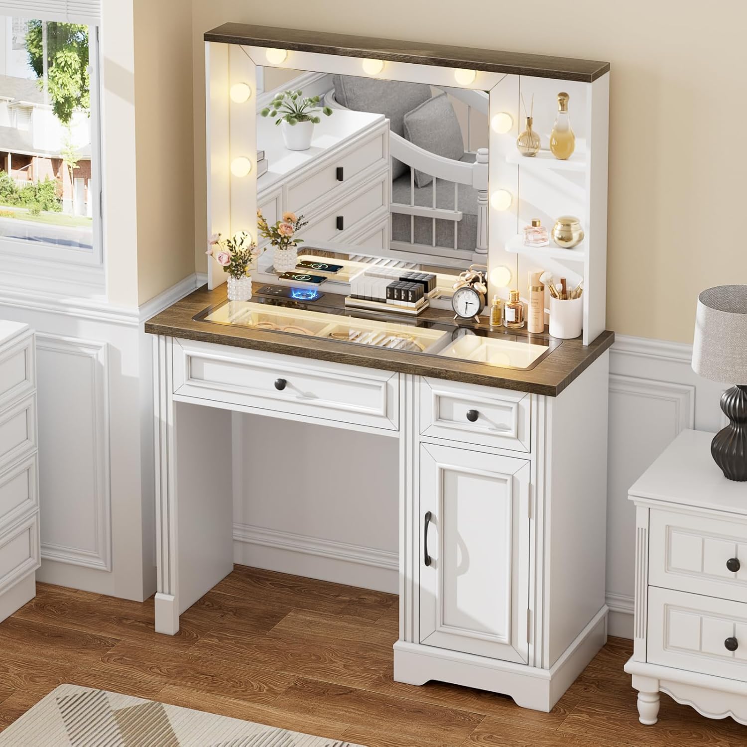 Amazon.com: BROTTAR Large Vanity Desk with Mirror and Lights, Farmhouse ...