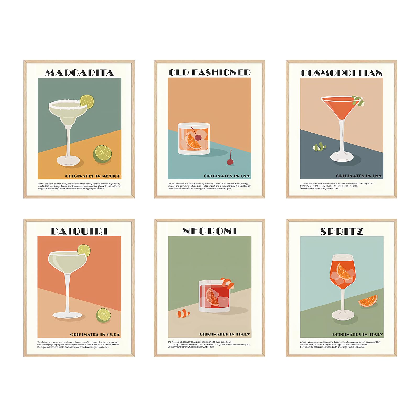 Amazon.com: Cocktail Wall Art Set of 6 Retro Cocktail Bar Wall Decor ...