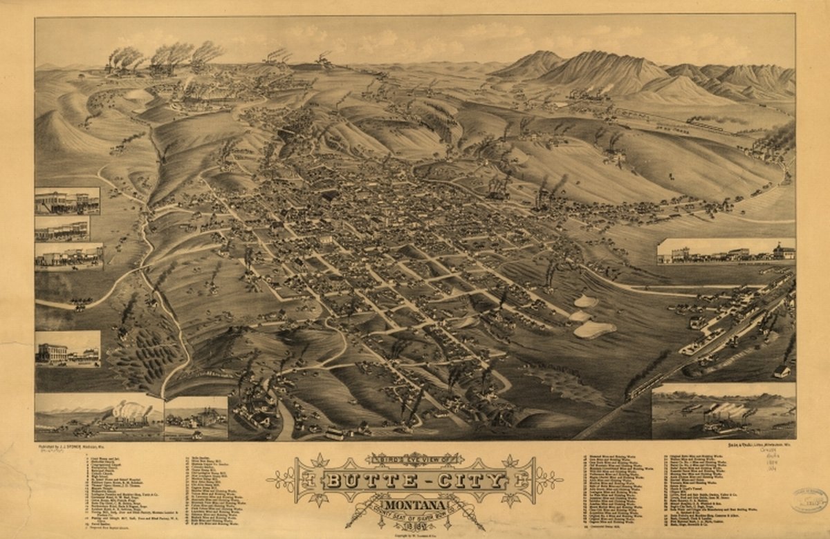 Montana Maps With Counties And Cities Map: 1884 Bird's Eye View Of