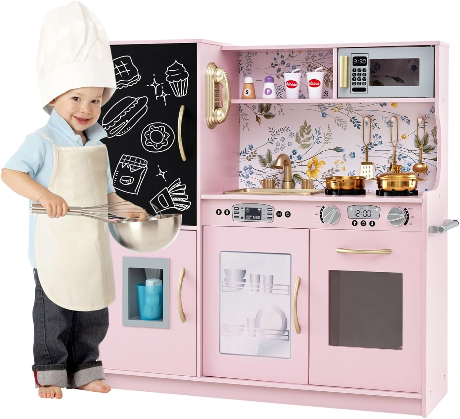 Amazon.com: CHEFJOY Play Kitchen, Wooden Kids Pretend Cooking Toy with ...