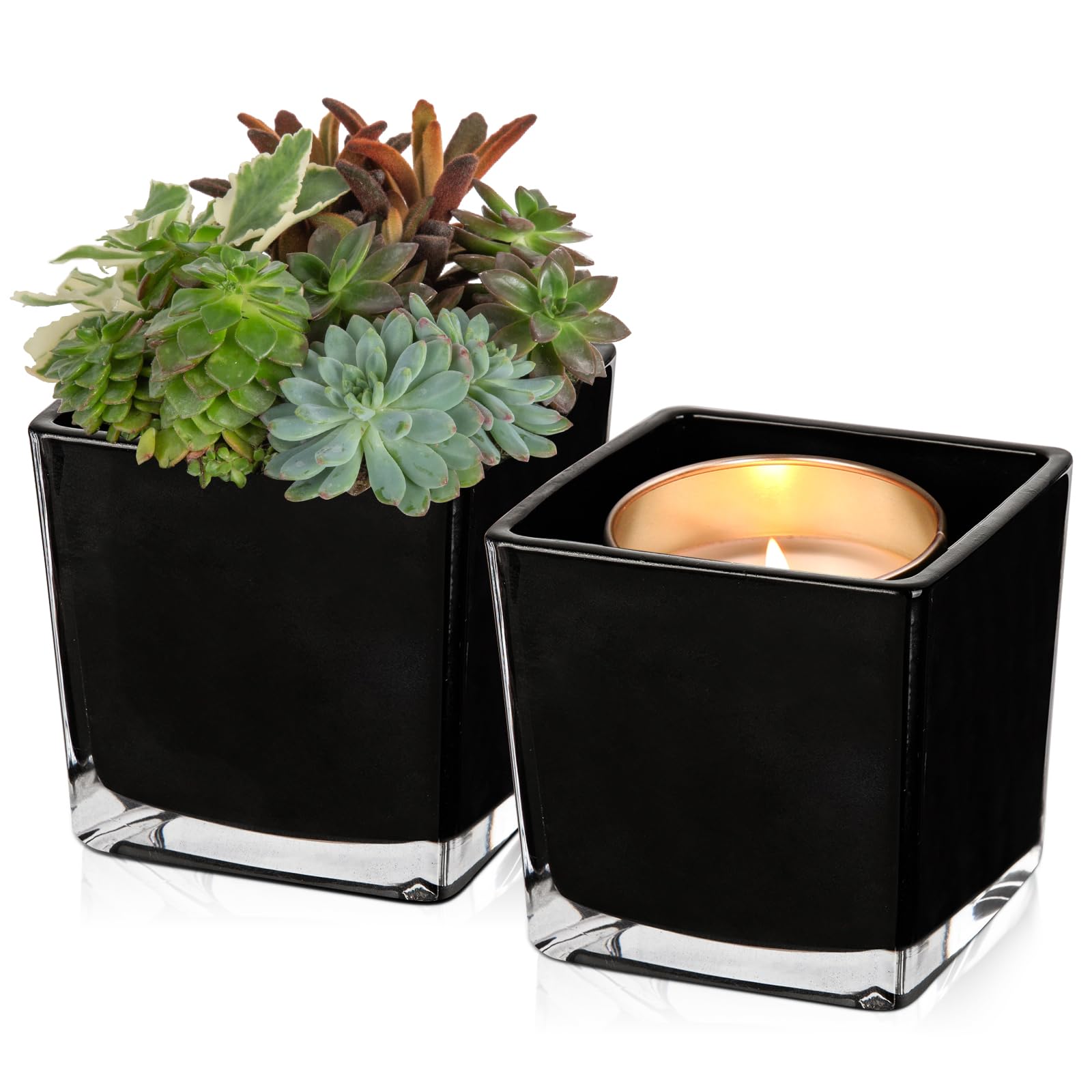Hollyone 10CM Glass Cubes Galvanized Flower Vases, 2PCS Black Cube ...