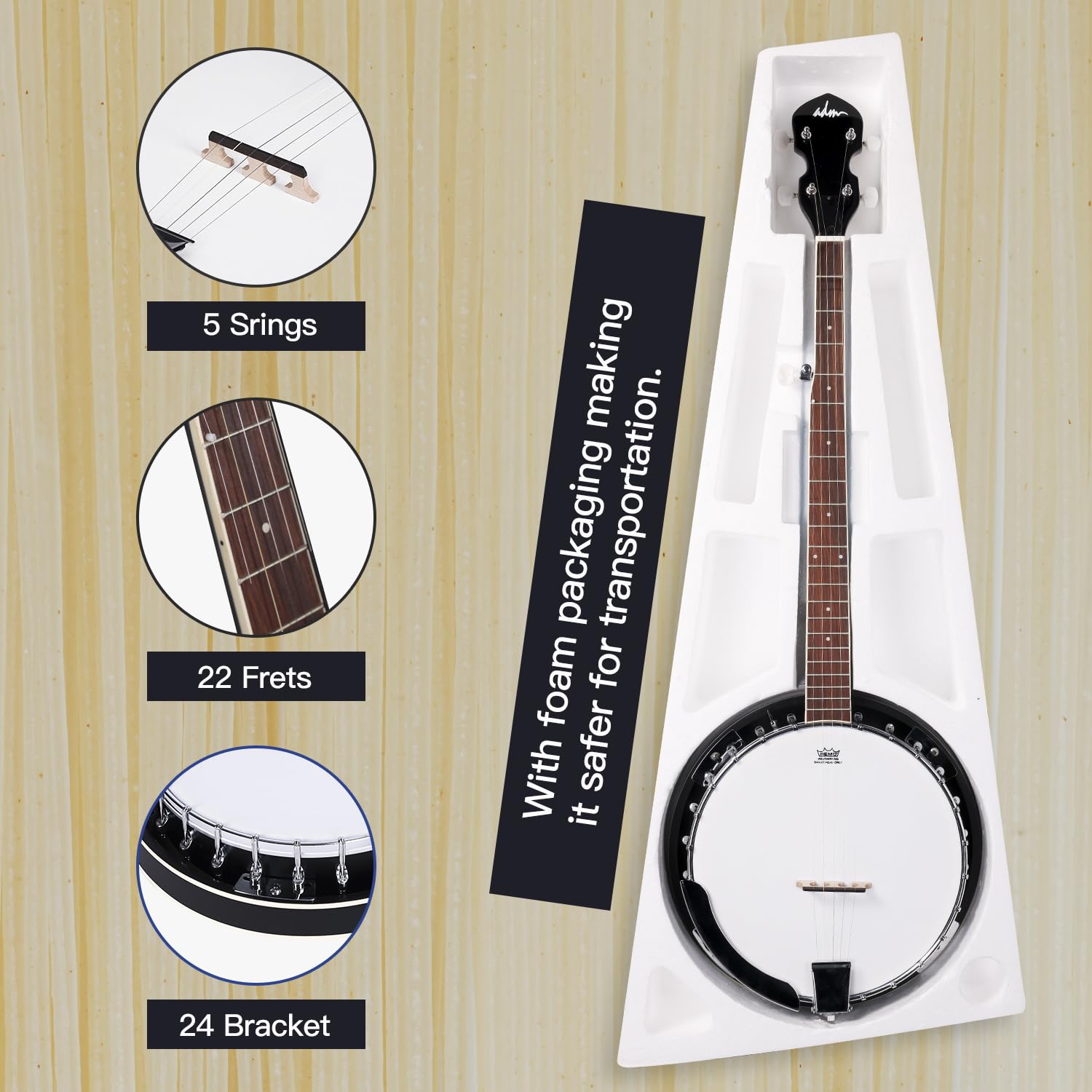 ADM 5 String Banjo Guitar Kit with Remo Drum Head and Geared 5th Tuner ...