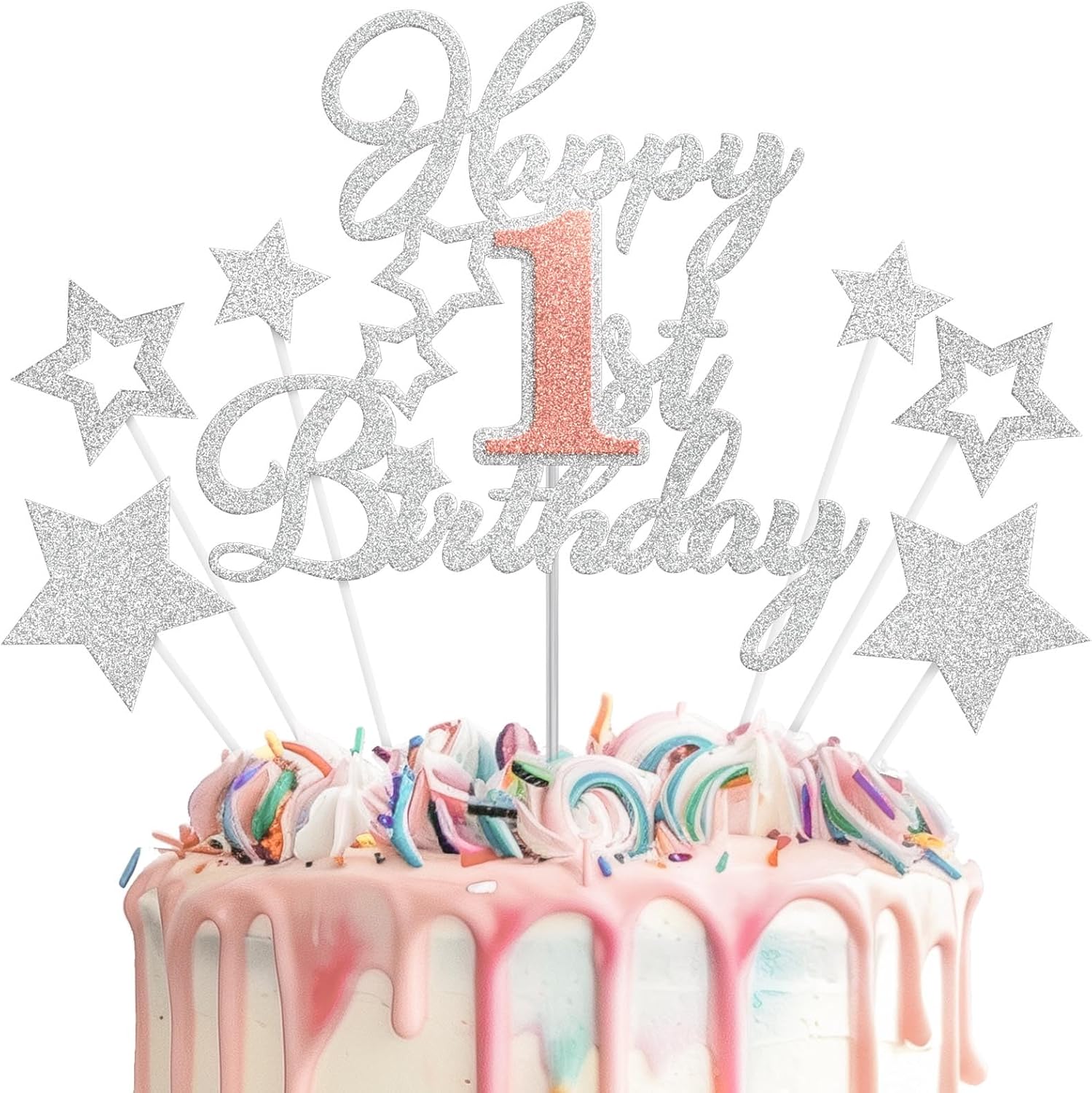 Amazon.com: Happy 1st Birthday Cake Toppers, Rose Gold Silver Glitter ...