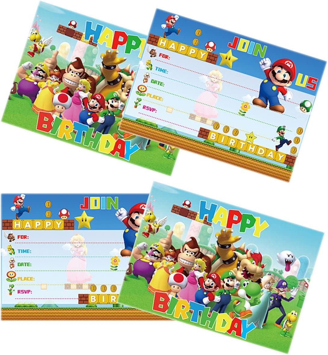 Amazon.com : NF 24PCS Mario Birthday Party Invitations card, Video game ...