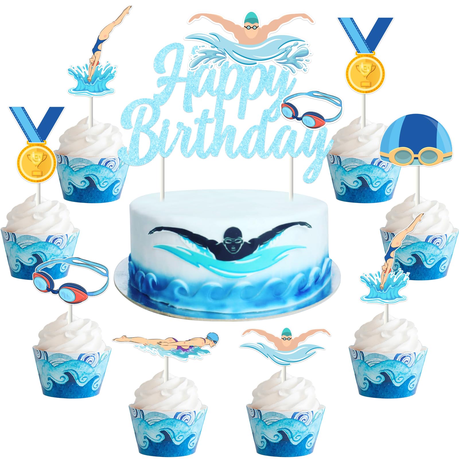 Amazon.com: JOYMEMO 25 Pcs Swim Party Cake Decorations - Swimming Happy ...