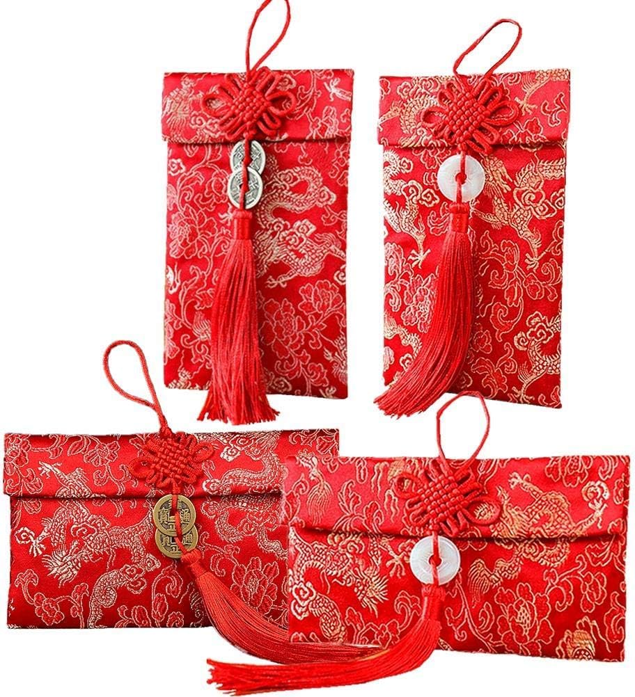4 PCS Chinese Silk Red Envelopes, Chinese Lucky Dragon Element Red ...