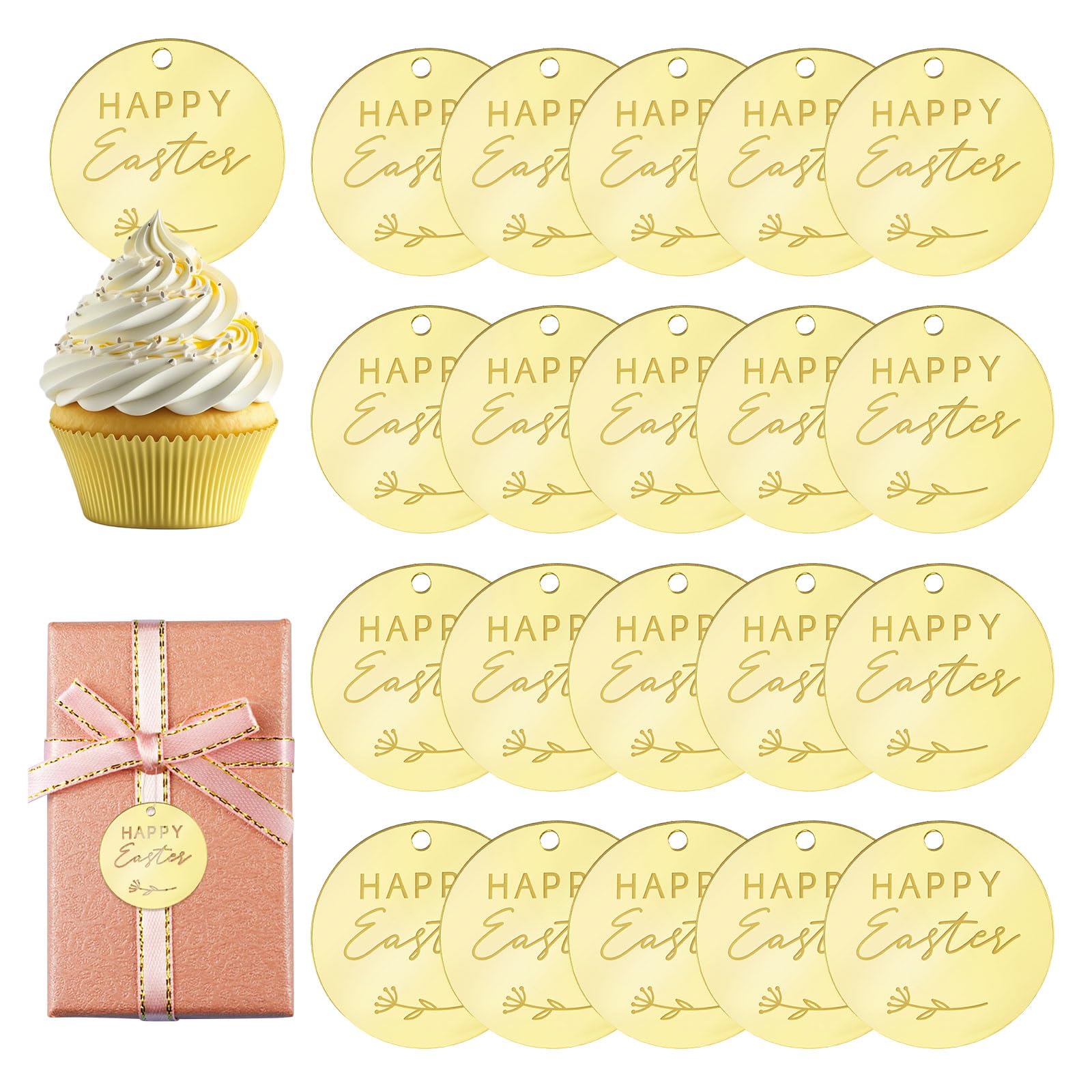 Amazon.com: URROMA Round Happy Easter Cupcake Toppers, 20pcs Gold Cake ...