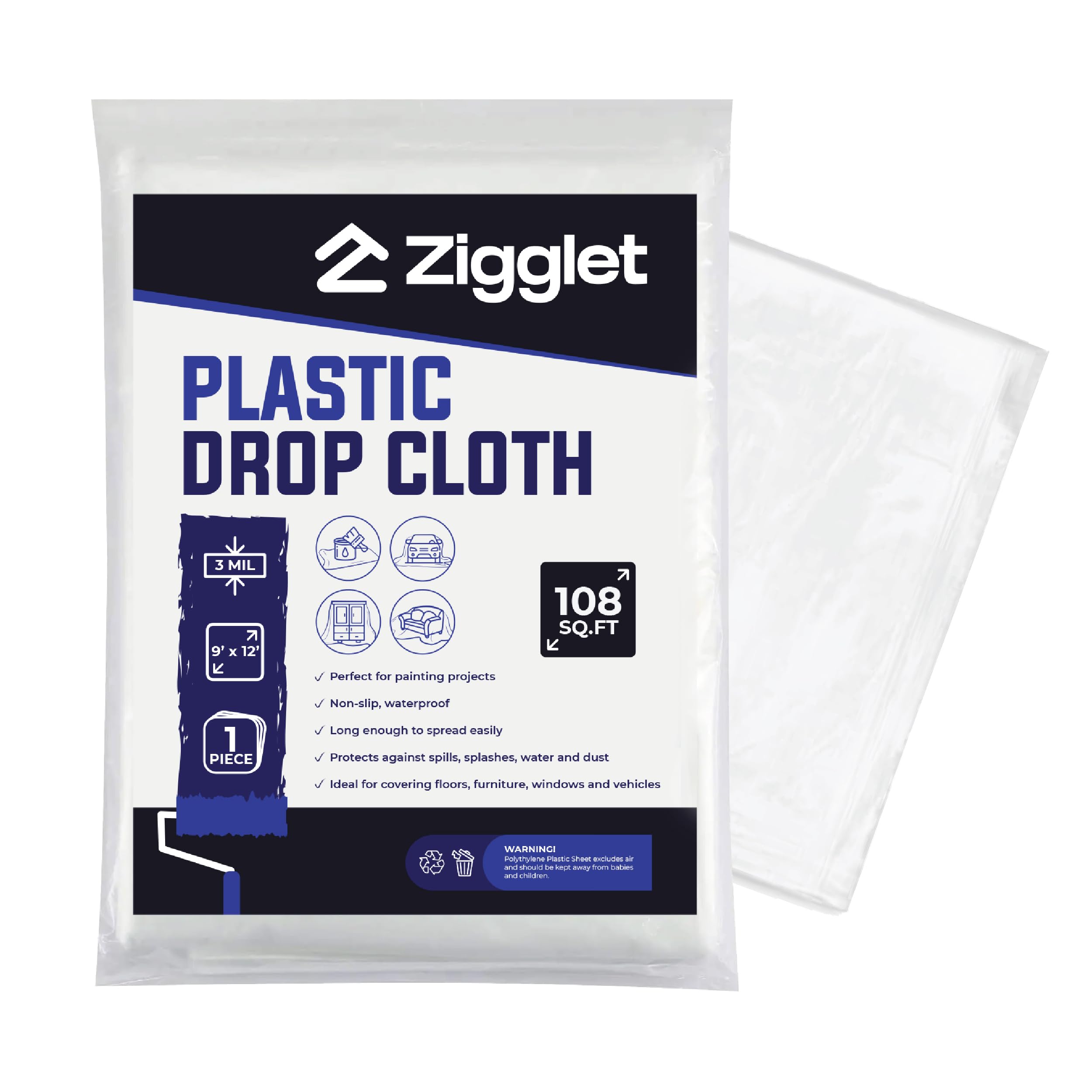 Amazon.com: (1 Pack - 3 Mil) 9x12 Ft Plastic Drop Cloth for Painting ...