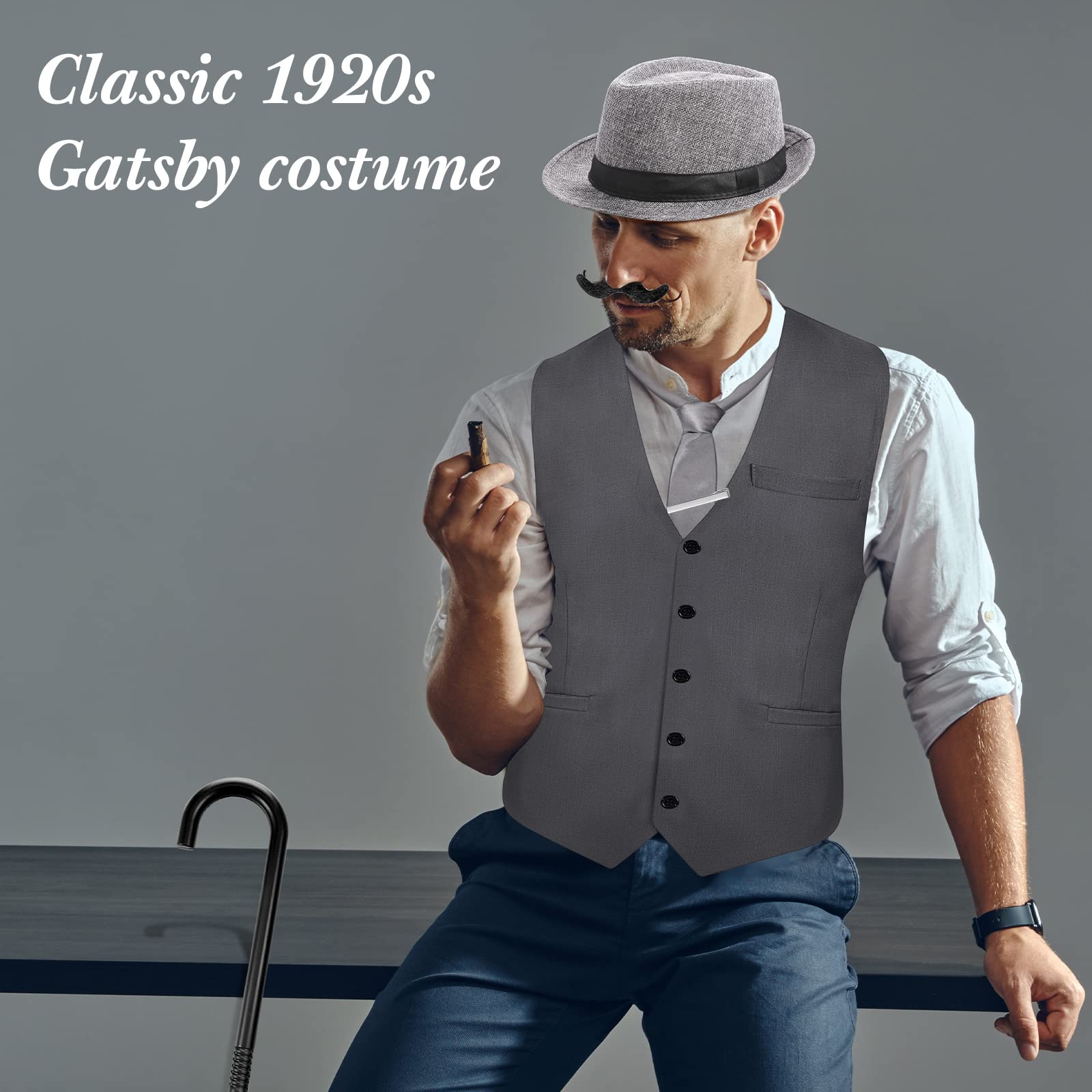 Hercicy 1920s Men's Costume Accessories Set, Gangster Vest Fedora Hat ...