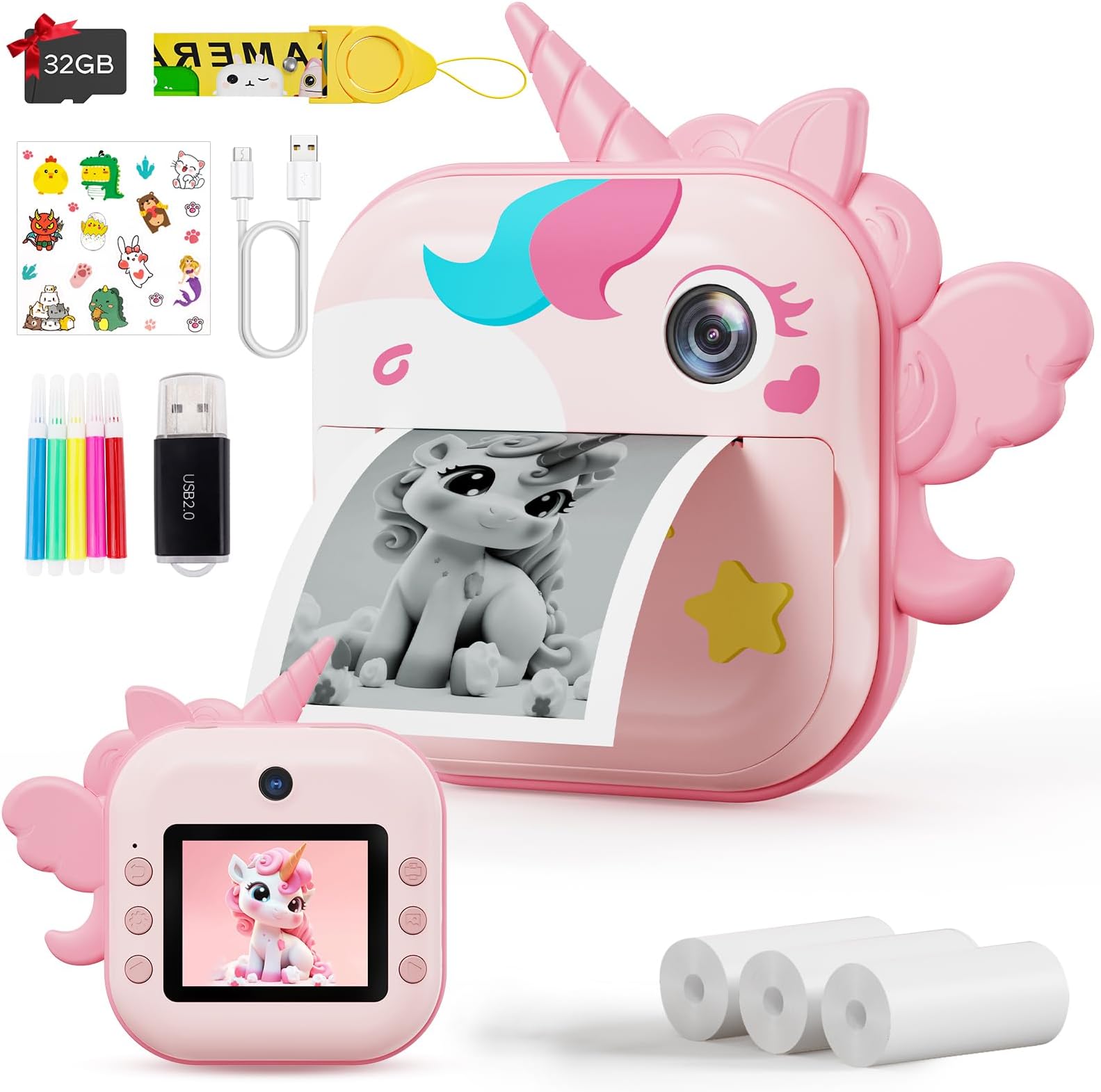 Amazon.co.jp: Selvim プリントカメラ キッズカメラ トイカメラ インスタントカメラ サーマルプリンター デジタル 印刷 ...