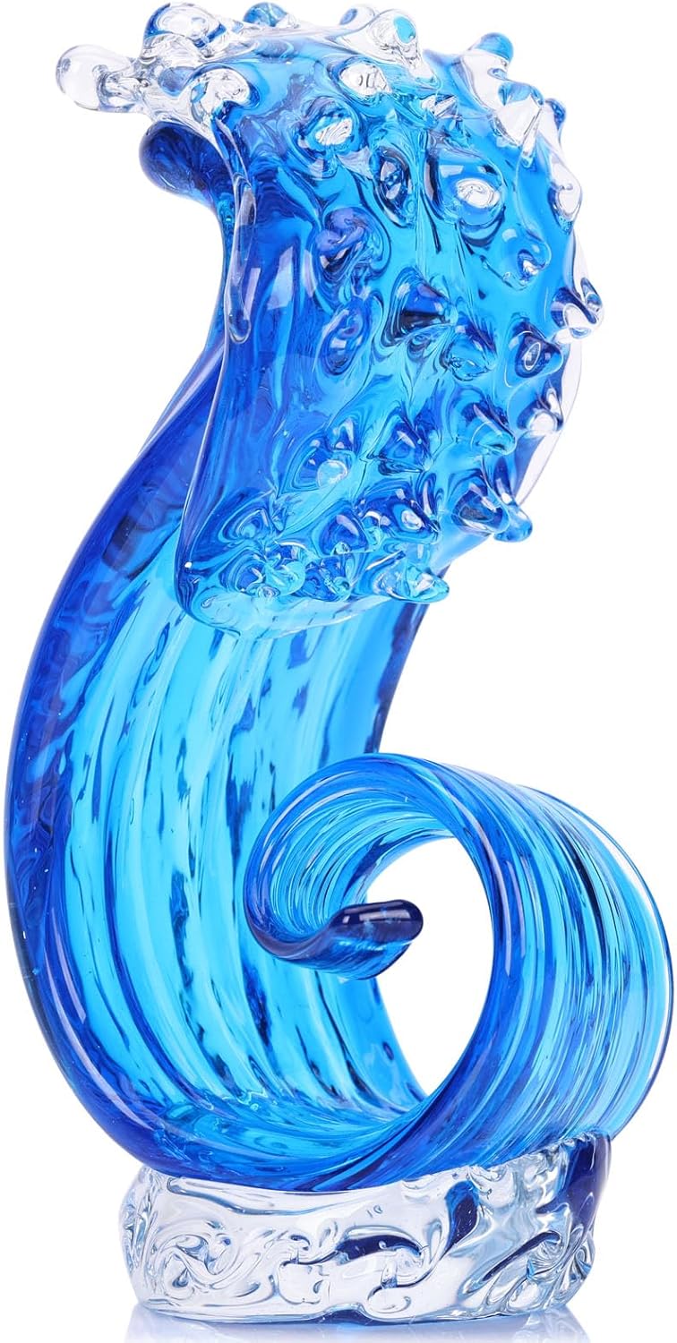 Amazon.com: Blue Hand Blown Glass Ocean Wave Statue,Fused Sea Glass Art ...