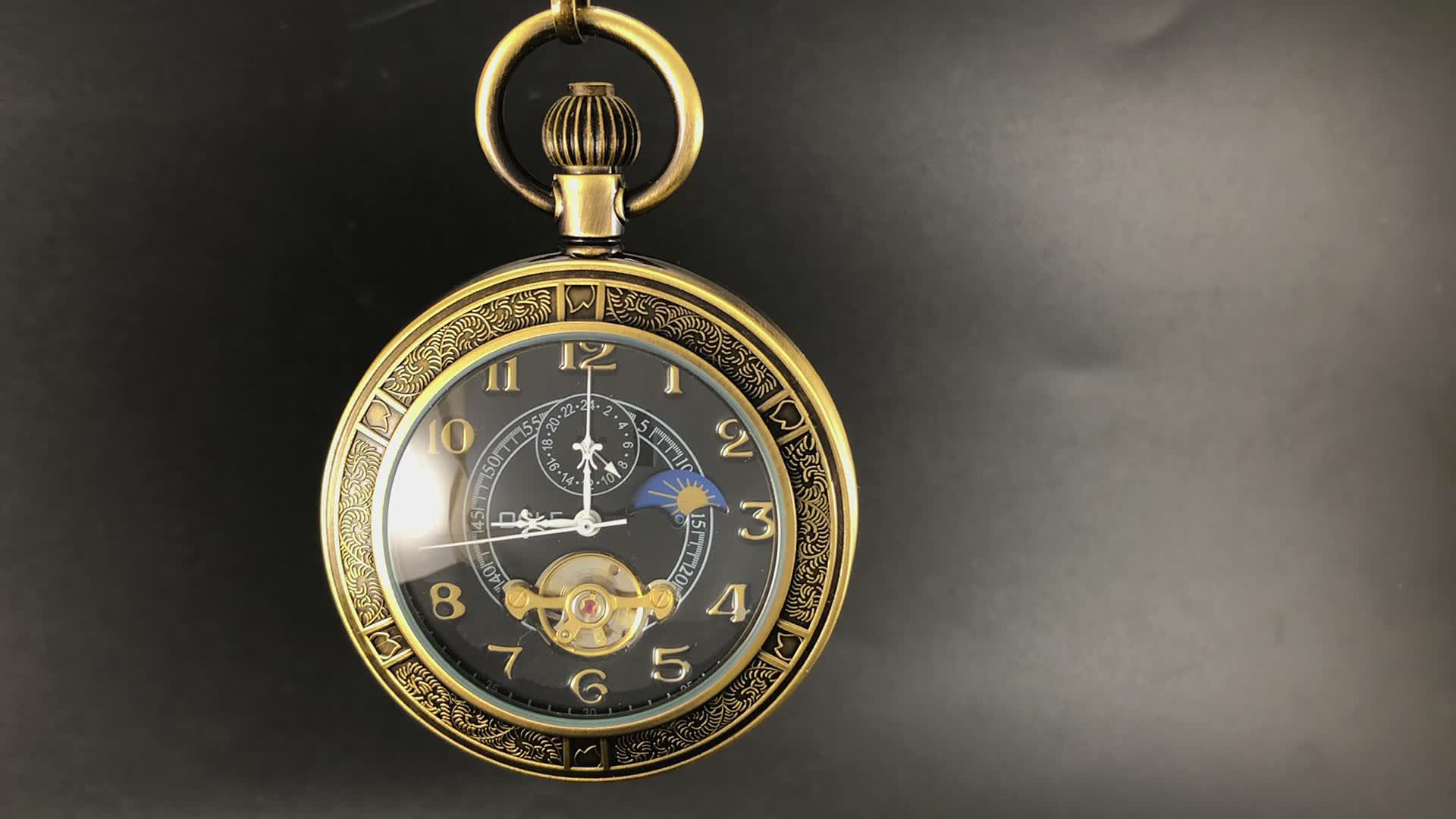 Vintage Watch OGLE Vintage Copper Double Cover Tourbillon Phases Moon Chain Fob Self Calithe ...