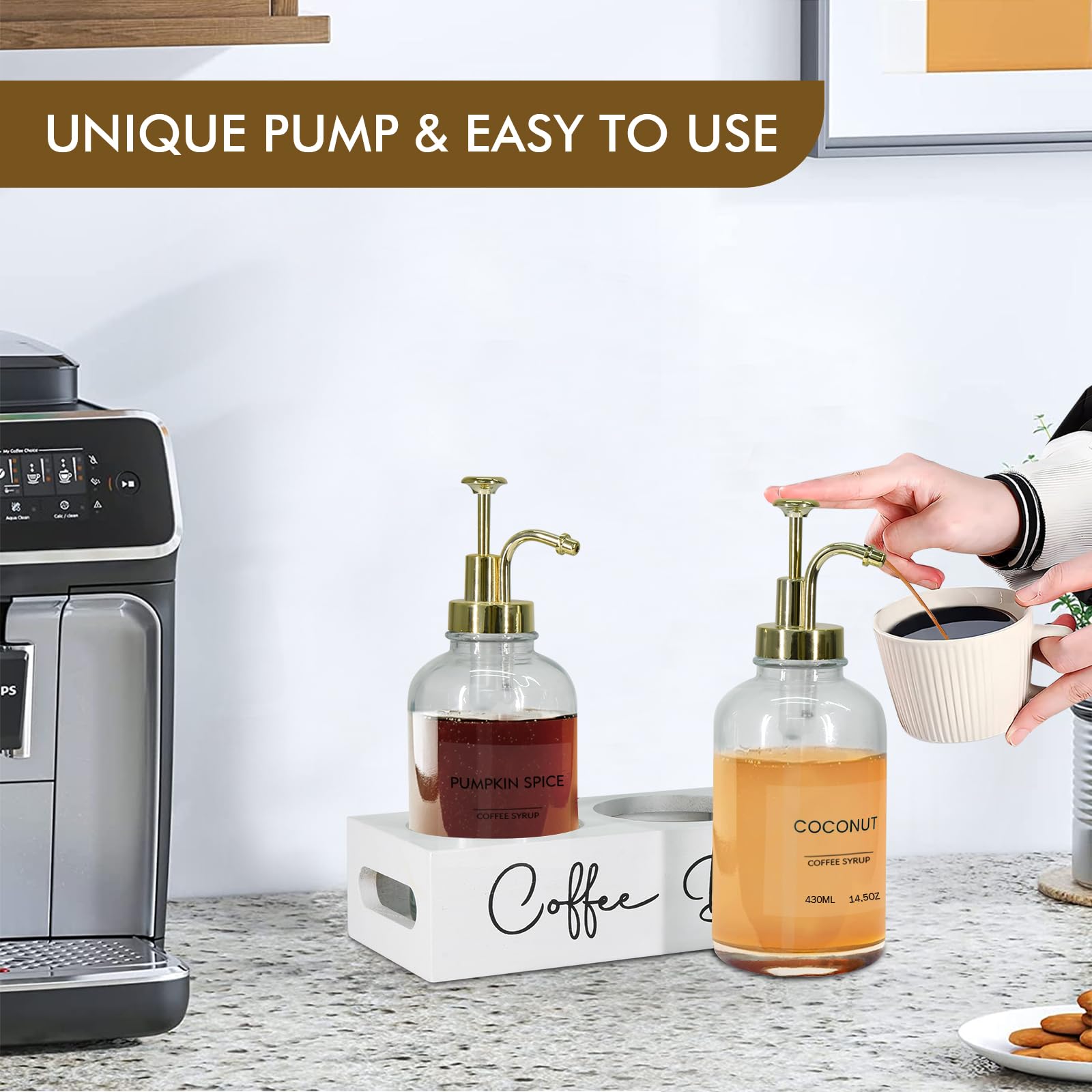 Syrup Dispenser Bottle Set,Coffee Syrup Dispenser with Shelf Stand for ...
