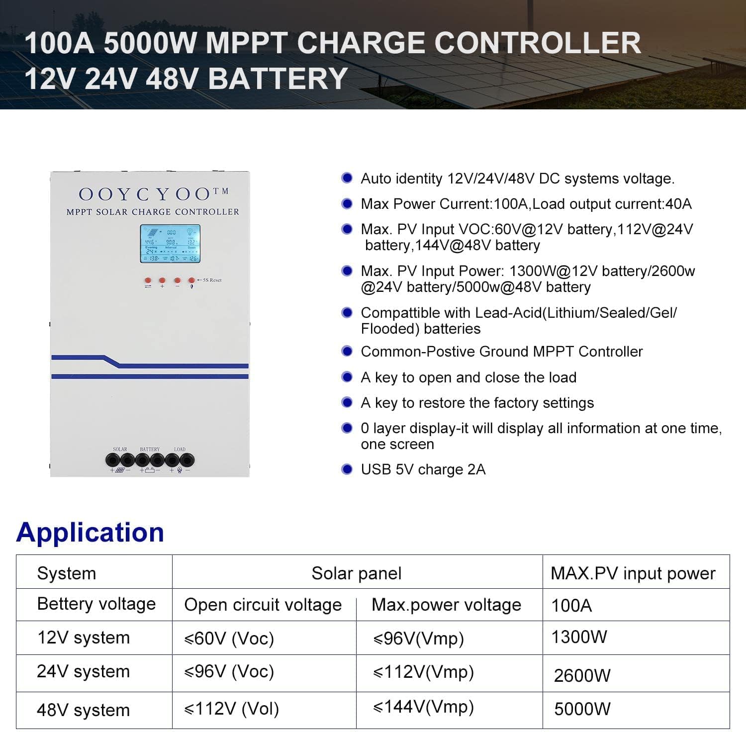 100 Amp MPPT Solar Charge Controller 48V 36V 24V 12V Auto,PV 150V Max ...