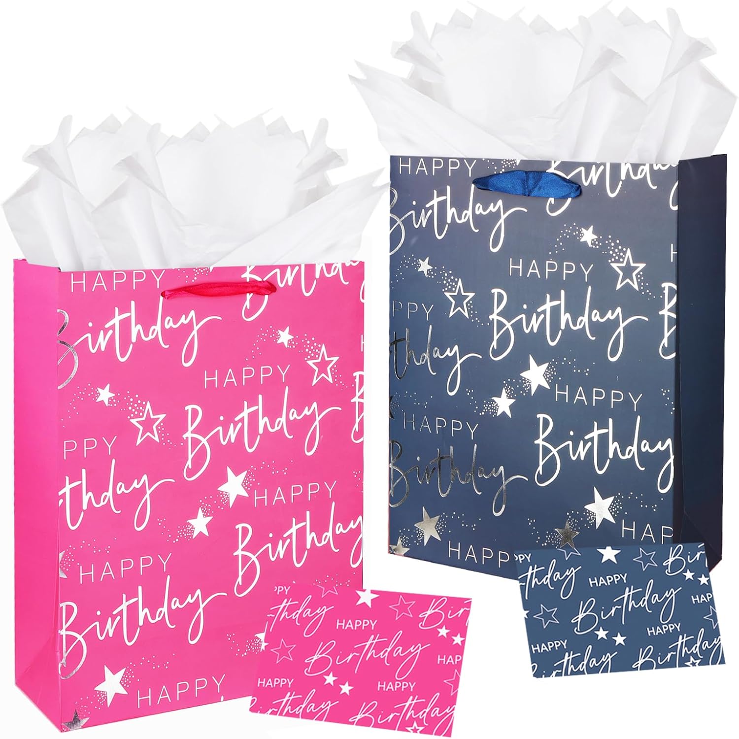 2pcs Birthday Gift Bags,13'' Blue & Pink Paper Bags with Tissue Paper ...