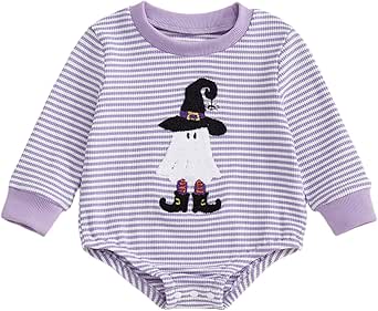 Amazon.com: Newborn Infant Baby Girl Halloween Outfits Embroidered Ghost Onesie Striped Long ...
