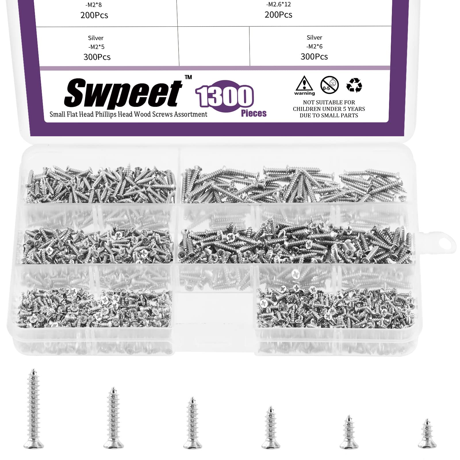 Swpeet 5mm 6mm 8mm 10mm 12mm 16mm Small Wood Screws Assortment Kit ...
