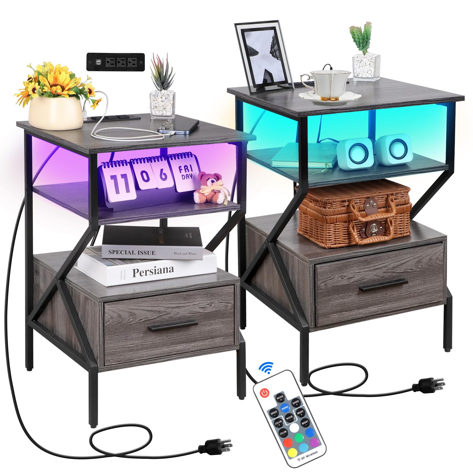 Xverycan Night Stand Set 2 with Charging Station, Bedside Table with ...