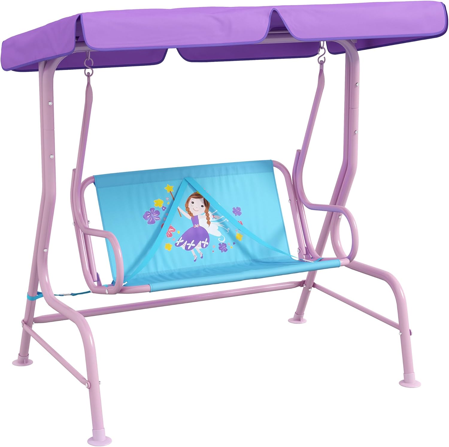 Outsunny 2 Seat Kids Swing Chair with Adjustable Canopy, Fairy Themed ...