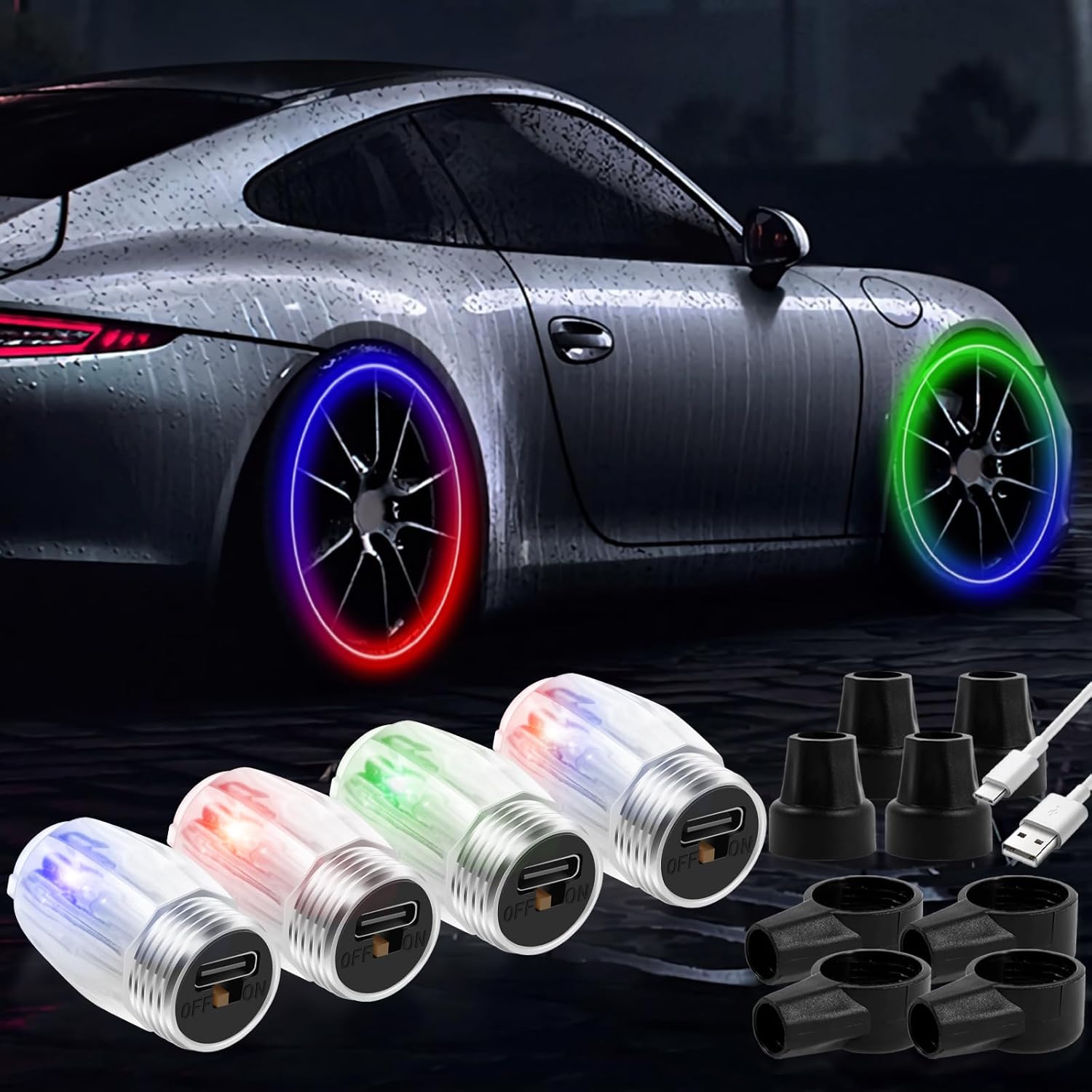 4Pcs Tire Valve Cap Lights, Glow in The Dark LED Tire Valve Lights with ...