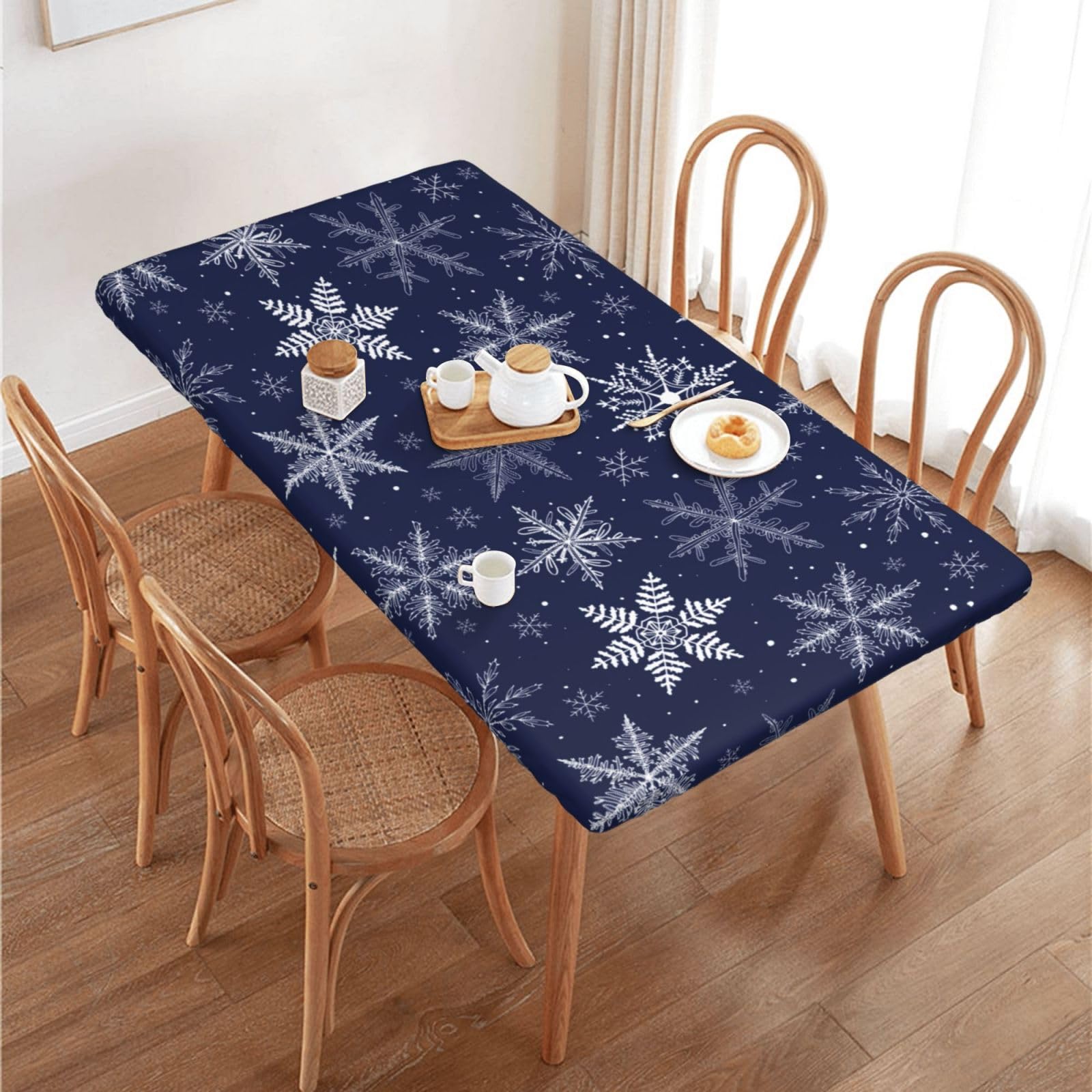 Amazon.com: Fiokroo Winter Snowflakes Blue Tablecloth with Elastic Edge ...