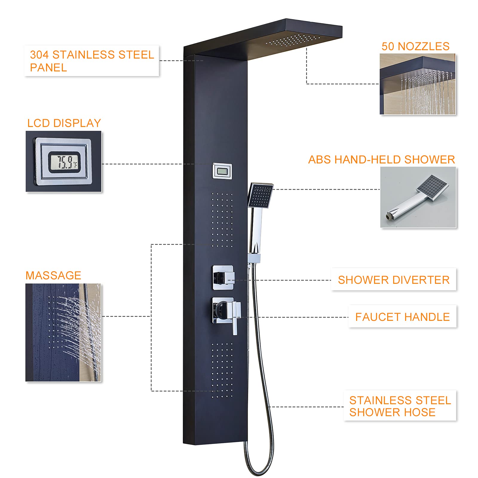 ROVATE Stainless Steel Shower Panel Tower System, Wall Mount Multi ...