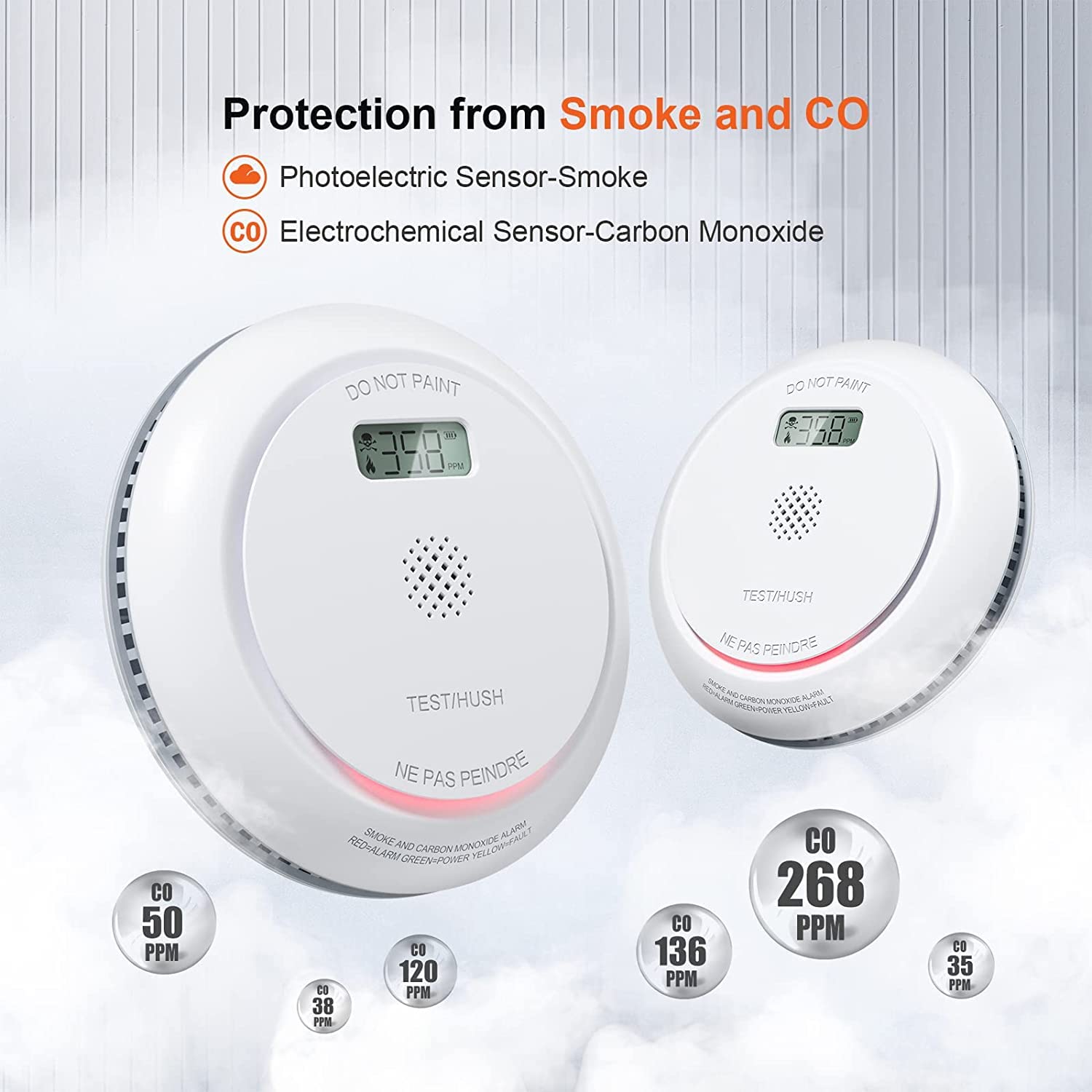 Jemay Combination Smoke Carbon Monoxide Alarm Detector with Display,7-Year Battery Smoke and CO ...