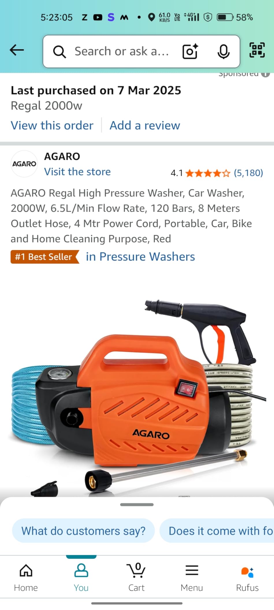 AGARO Regal High Pressure Washer, Car Washer, 2000W, 6.5L/Min Flow Rate ...