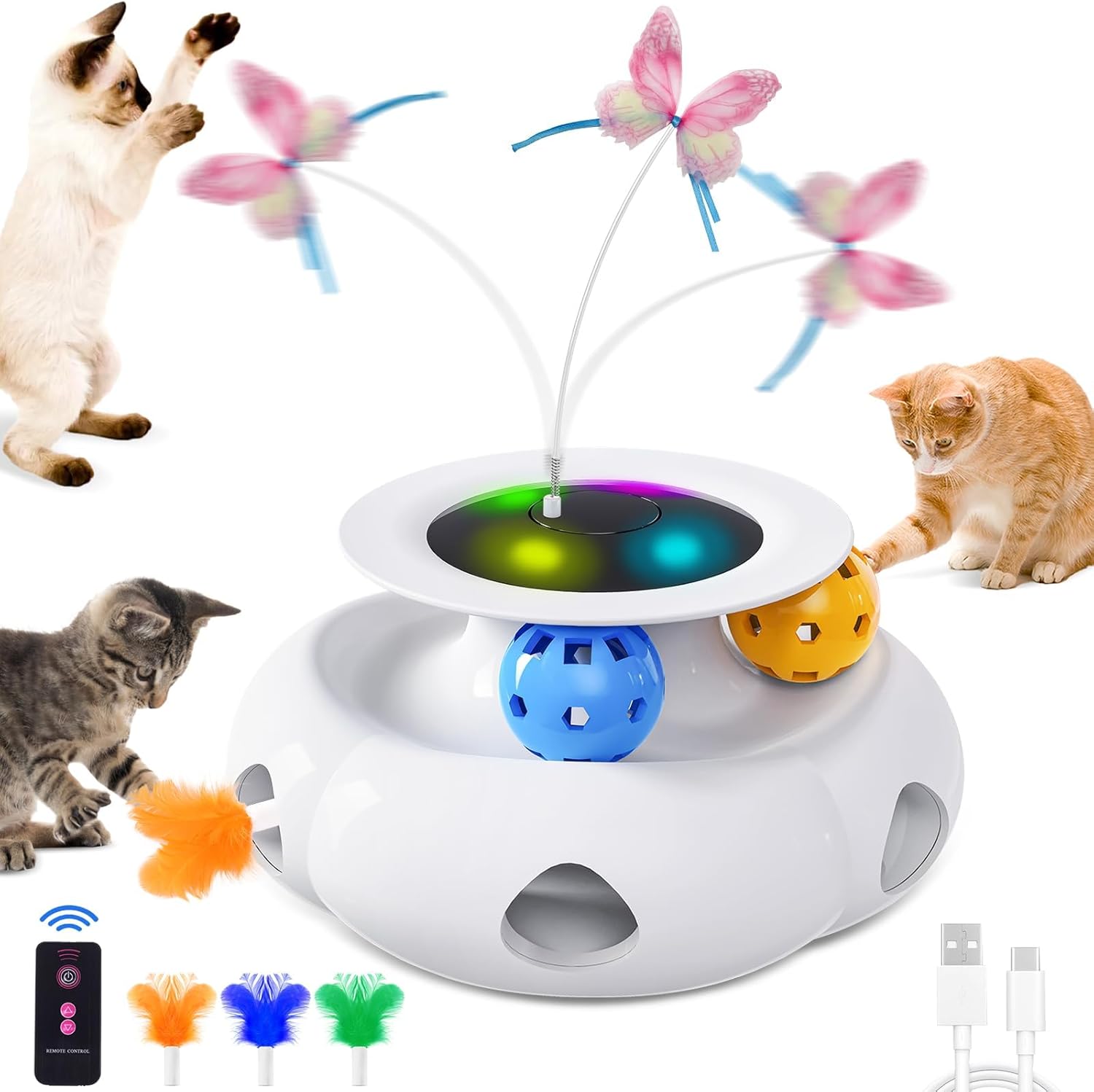 Cat Toys 3in1 Automatic Interactive Kitten Toy, Fluttering Butterfly ...
