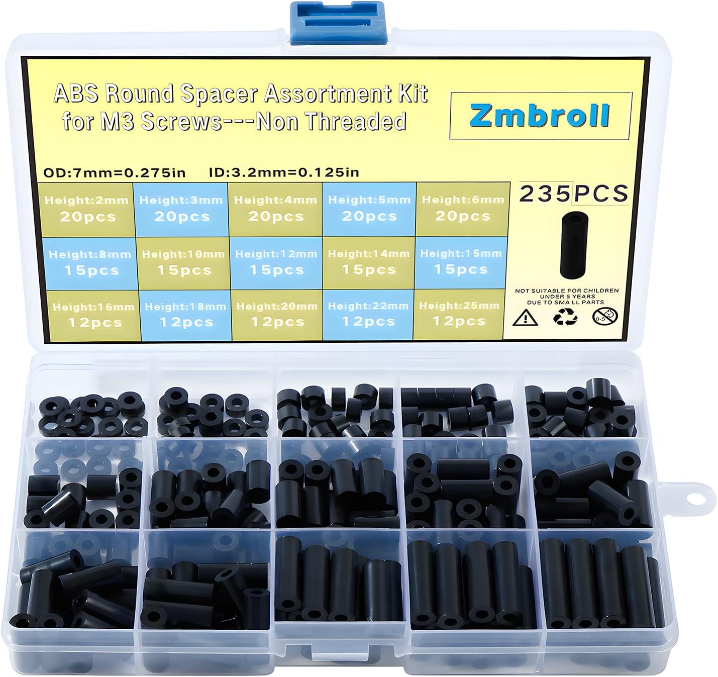 Zmbroll 235Pcs Black Round Spacer OD 7mm ID 3.2mm for M3 Screws 15Sizes ...