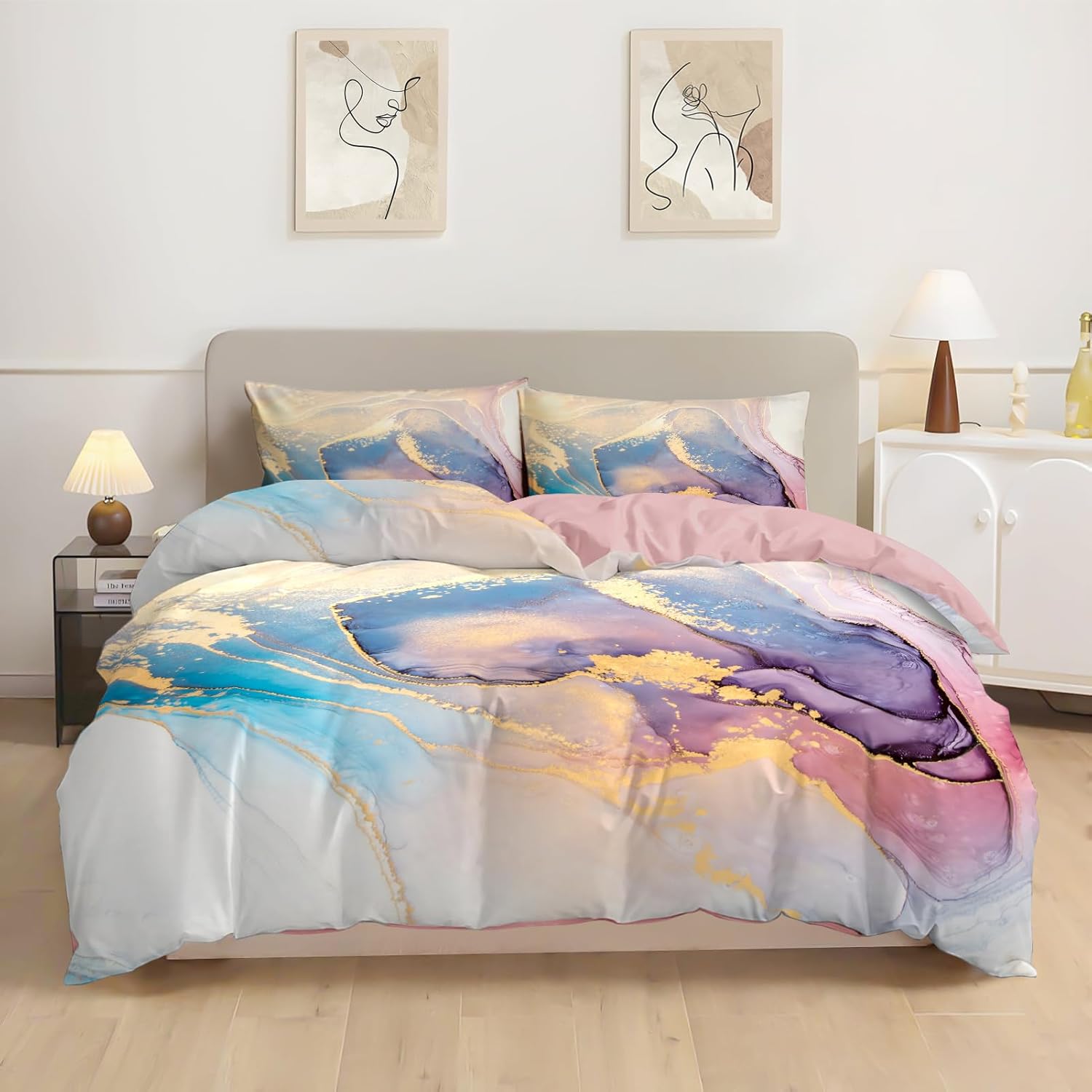 Amazon.com: Rvciby Girl Marble Duvet Cover Queen Size,Cotton Polyester ...