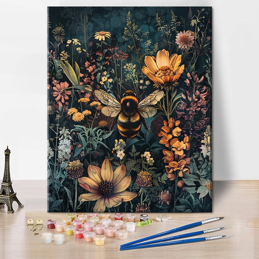 TISHIRON Vintage DIY Malen nach Zahlen für Erwachsene, Vintage Floral mit Wildblumen und Hummeln ...