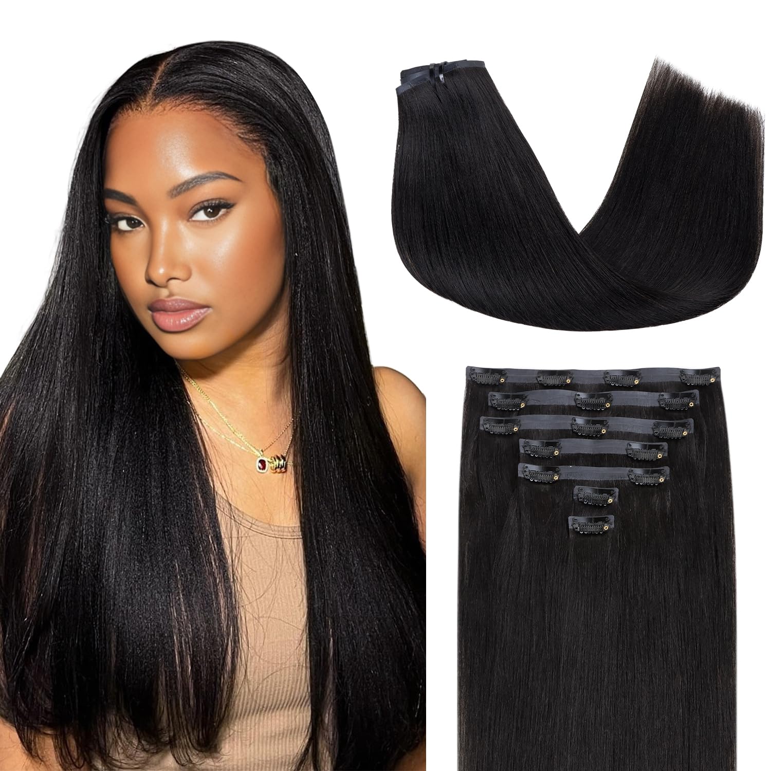 Amazon.com : Lashey Seamless Clip-in Hair Extensions - Human Hair, Jet ...