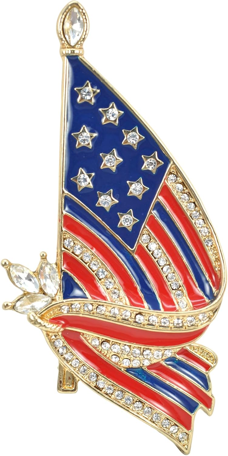 Amazon.com: Gyn&Joy Gold Tone Crystal American Flag Brooch Pin USA ...