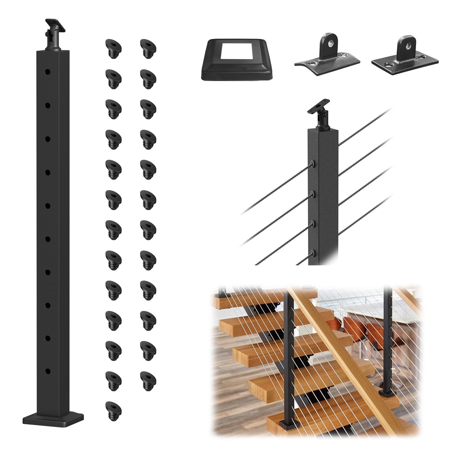 Snapklik.com : CKE Black Stair Cable Railing Post 36"x2"x2", Drilled ...