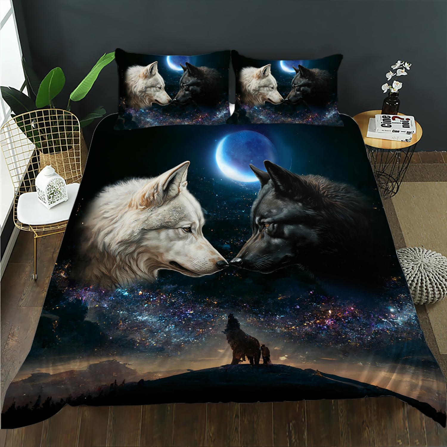 Amazon.com: AILONEN Wolf Couples Duvet Cover Set King Size, Evening ...