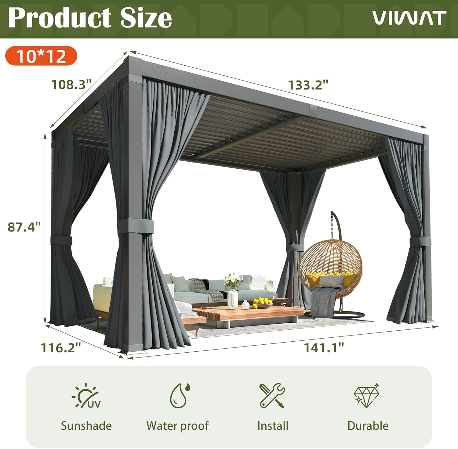 Viwat Aluminum 10x12 Ft Louvered Pergola User Manual