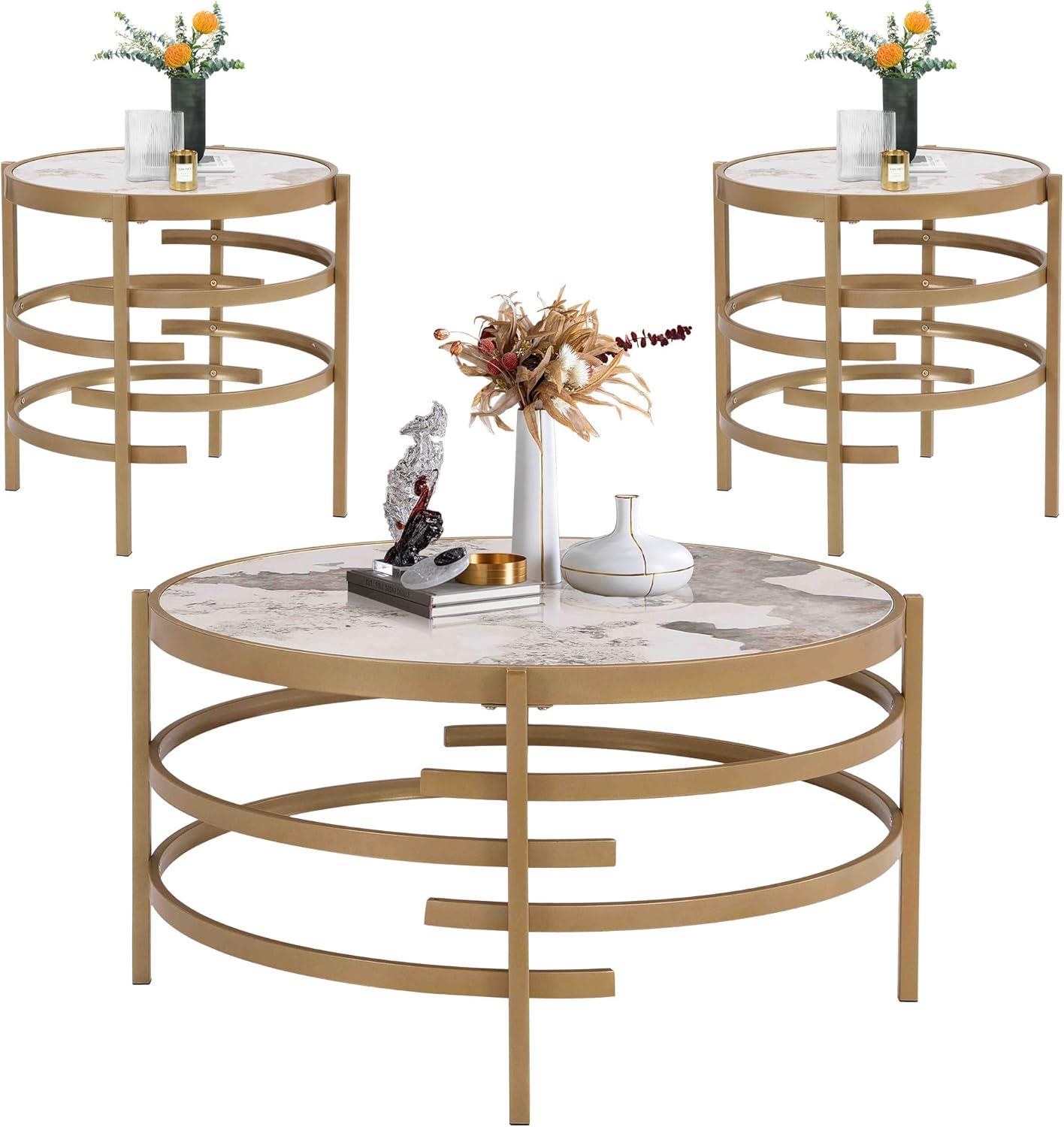Amazon.com: Mbolyeer Round Coffee Table End Table Sets of 3 for Living ...