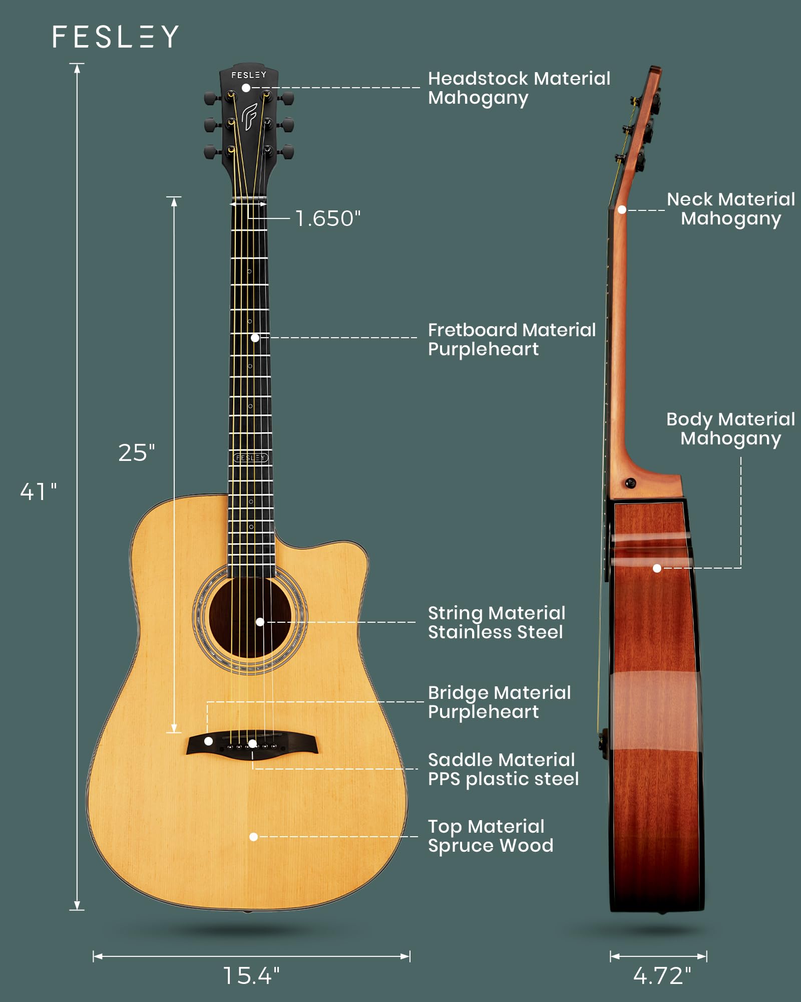 Snapklik.com : Fesley 41 Acoustic Guitar, Full Size Cutaway Acoustic ...