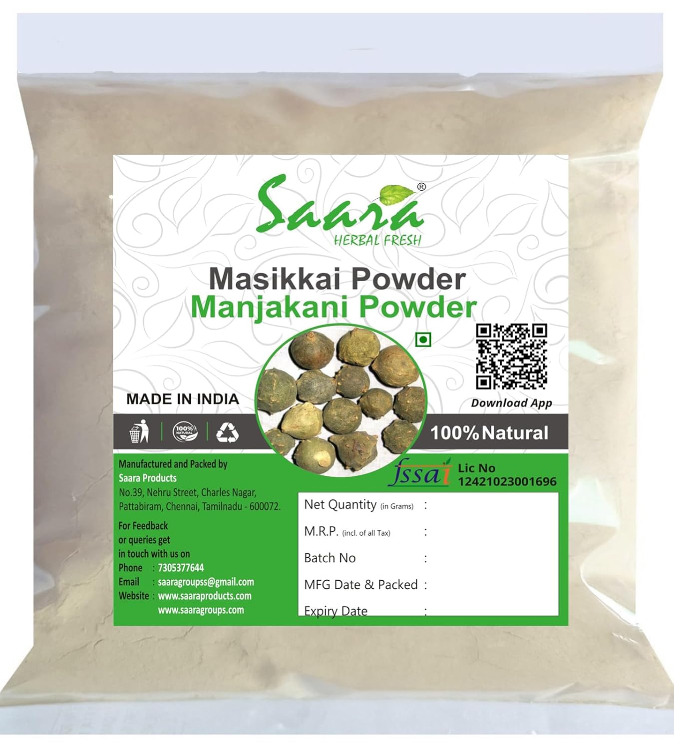 Saara HERBAL FRESH Masikkai Powder, 25g, Manjuphal Powder, Manjakani ...