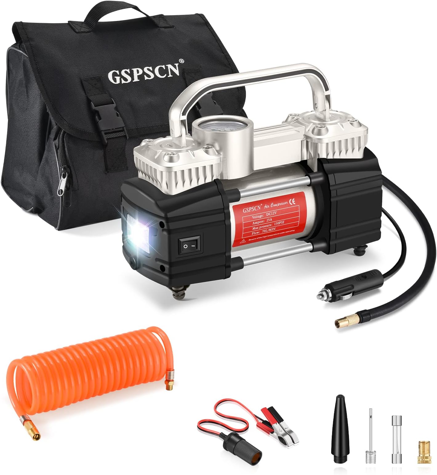 GSPSCN Silver Dual Cylinder 12V Air Compressor Pump for Car, Heavy Duty ...