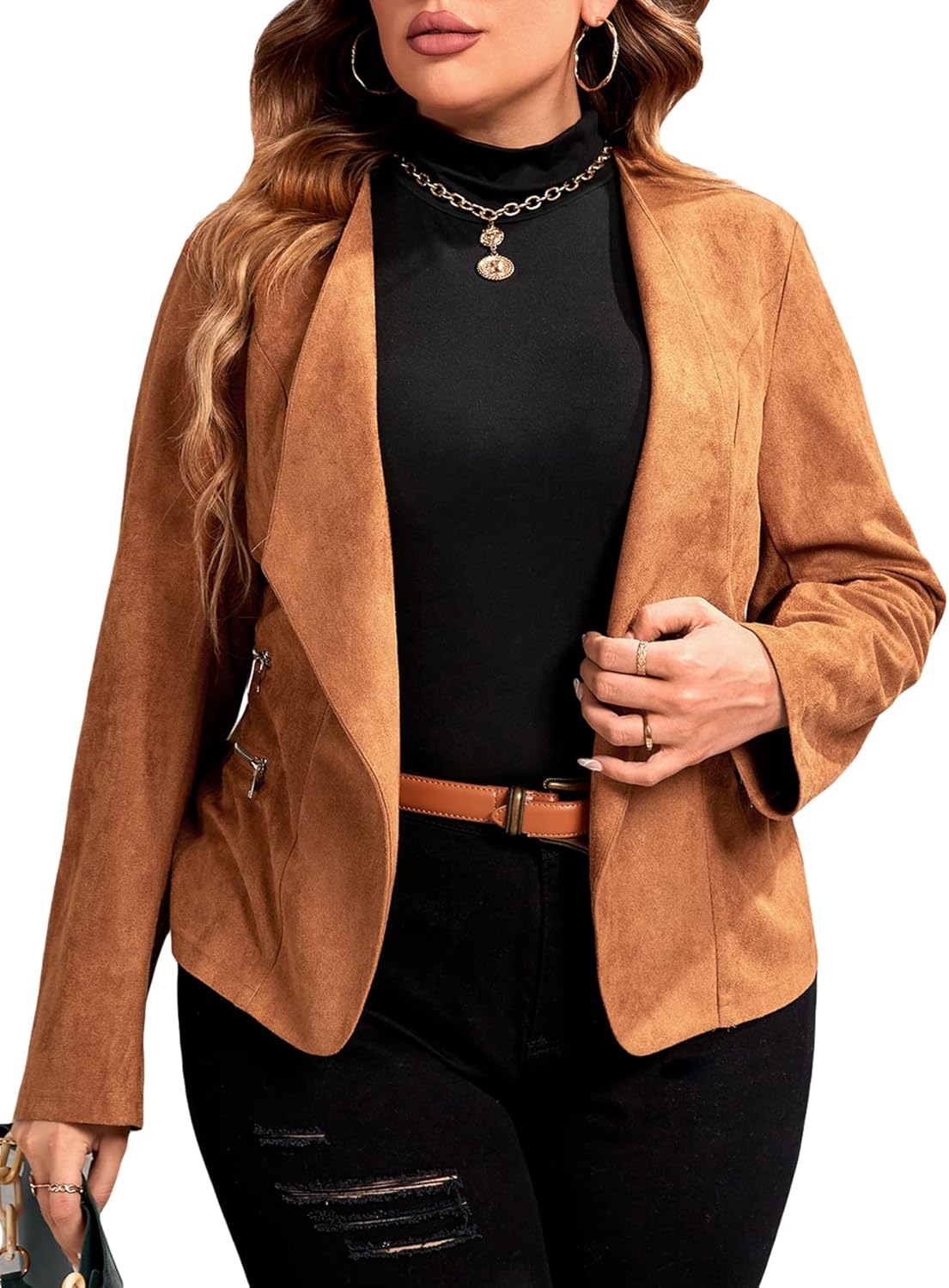 WDIRARA Women's Plus Size Open Front Faux Suede Long Sleeve Work Office ...