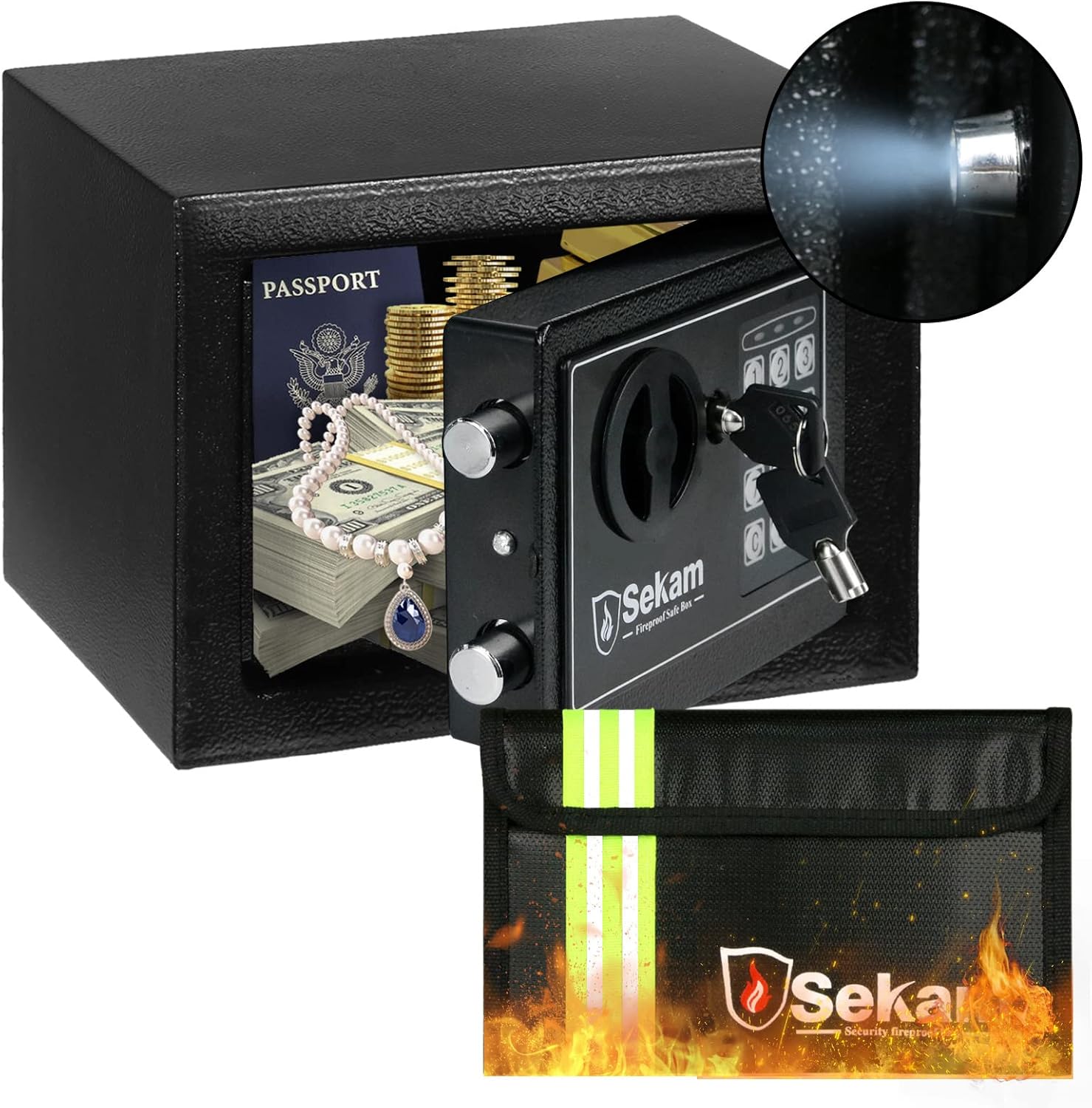 Buy SEKAM Money Safe Box with Sensor Light & Fireproof Money Bag with ...