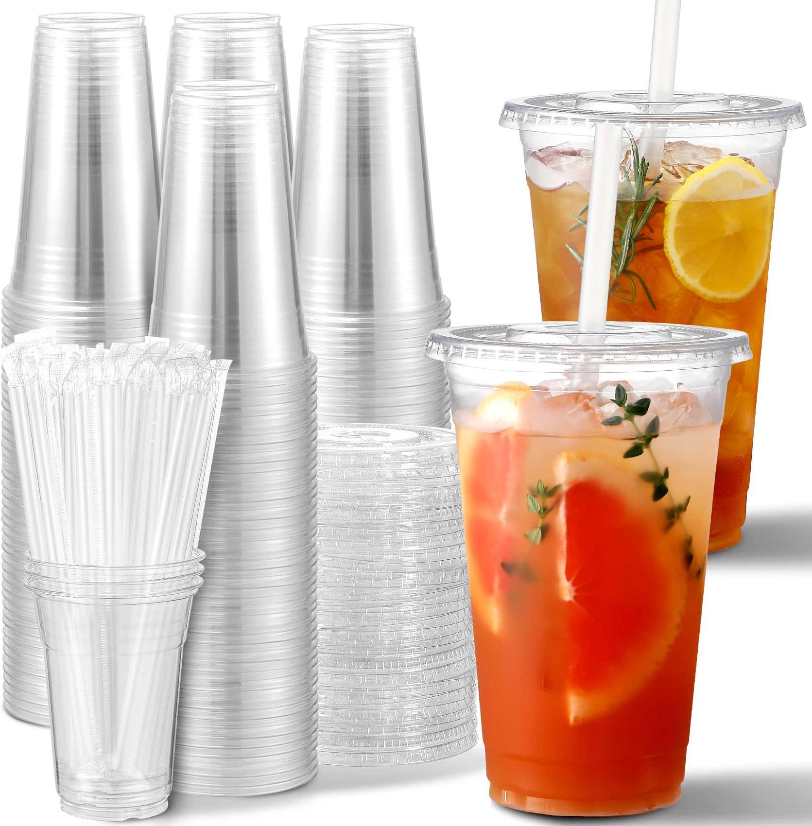 Amazon.com: (100 Sets) 32 oz Cups with Lids and Straws, Clear Plastic ...