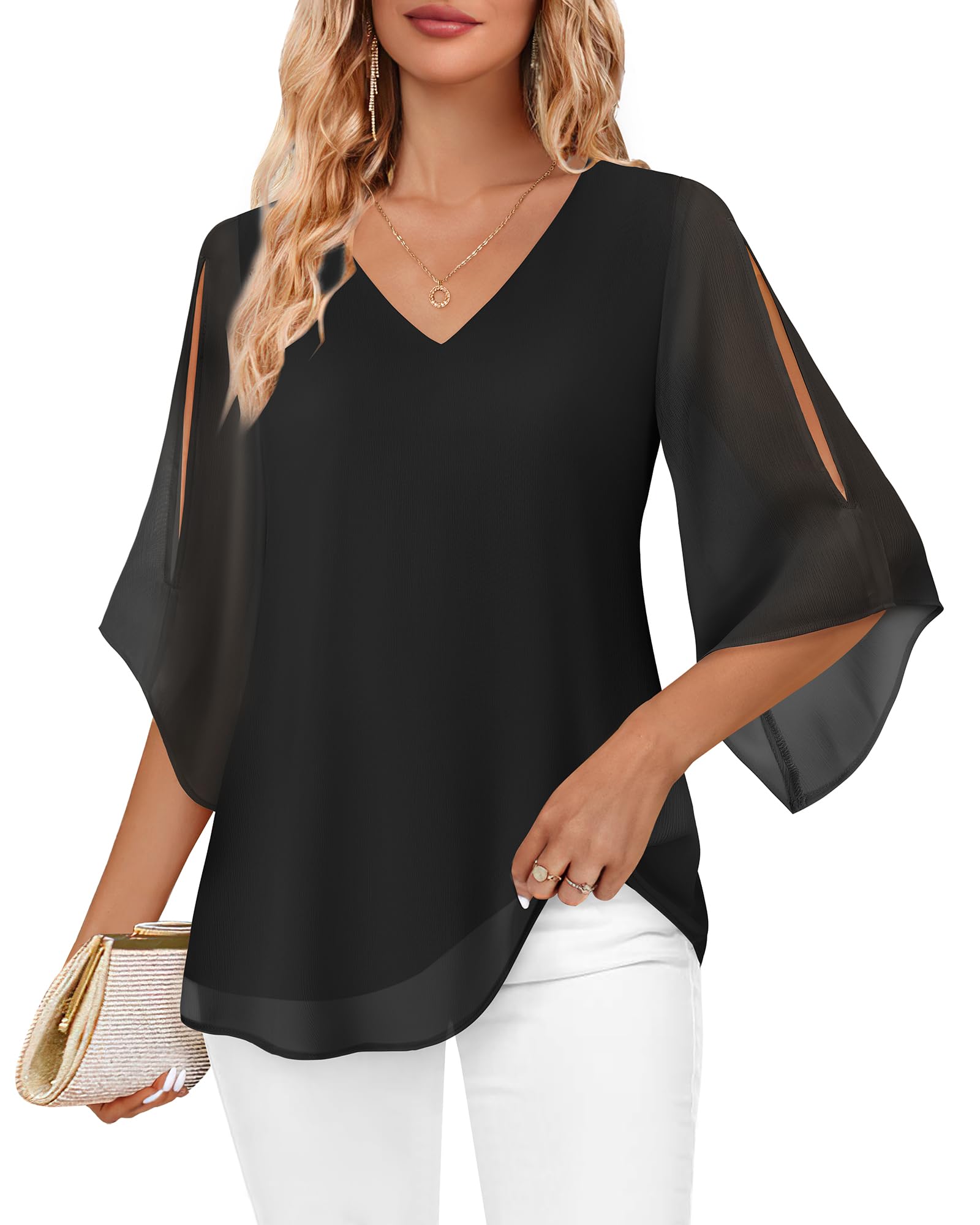 Bebonnie Womens Ruffle 3/4 Sleeve V Neck Double Layers Chiffon Blouses ...