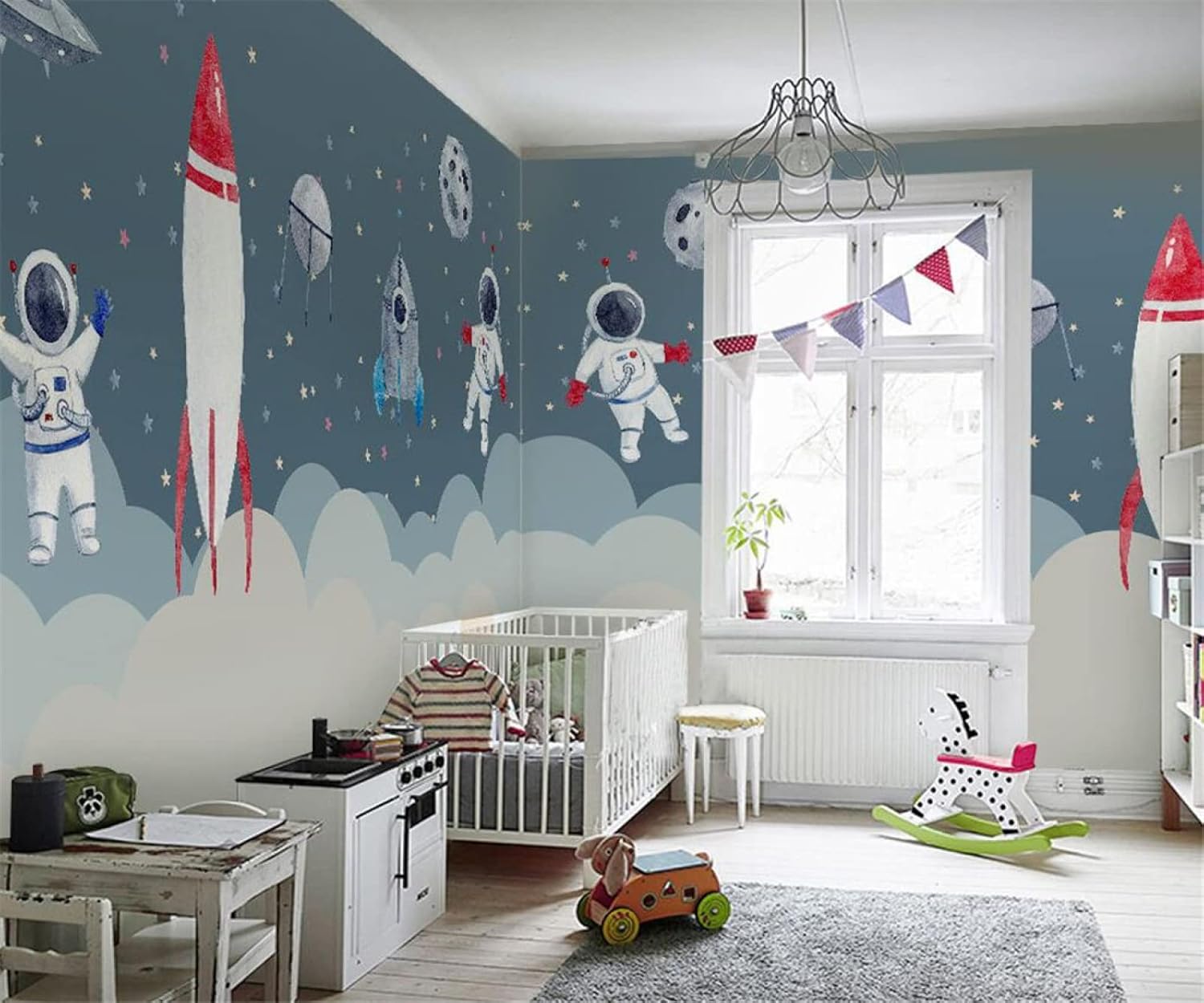 Mural De Pared De Astronauta De Dibujos Animados De Cohete Espacial