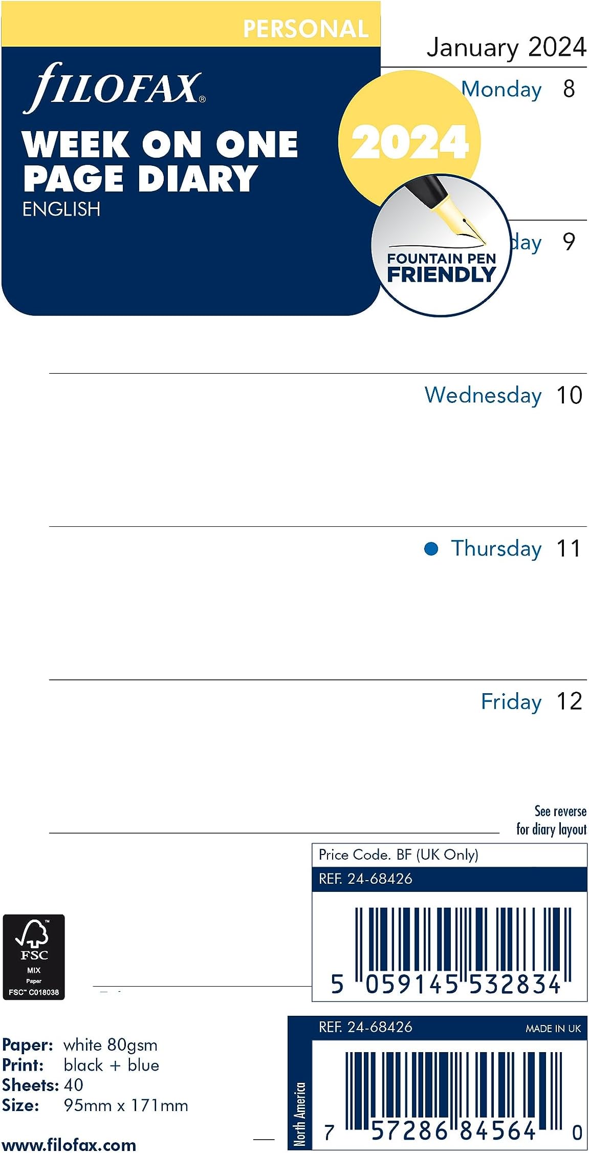 Filofax Calendar Diary Refill, Personal/Compact Size, Week on One Page ...