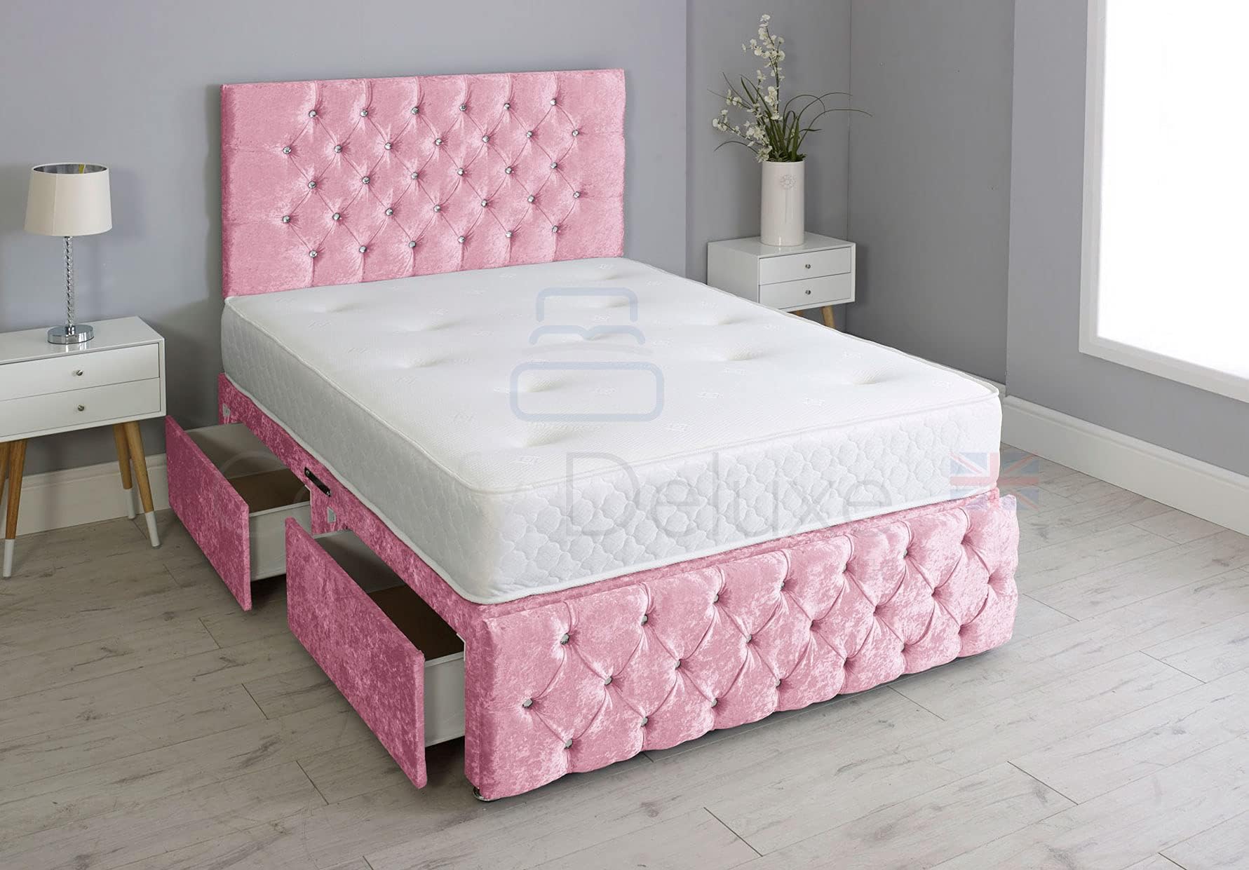 Crushed Velvet Chesterfield Divan Bed Set with Memory Sprung Mattress ...